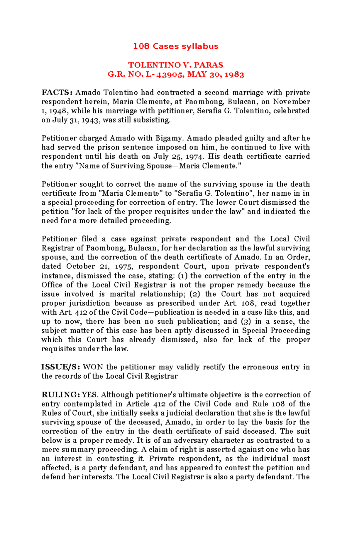 Rule 108 Case Digest – Summary of Civil Law Review I - Studocu