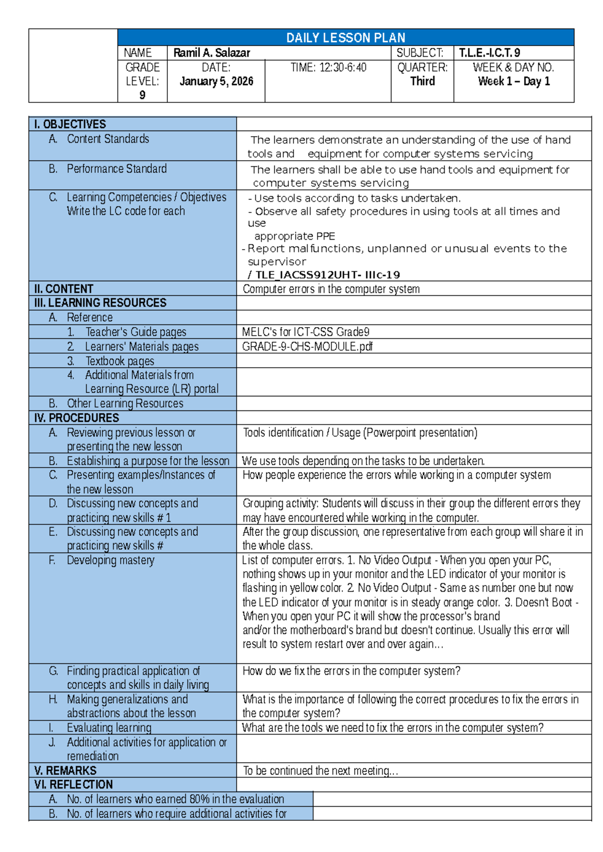 DLP 9 W1D1 2026: Computer Systems Servicing Lesson Plan - Studocu