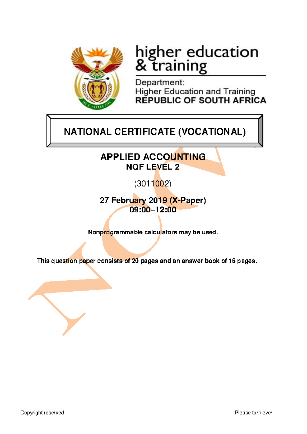 NC170 - Applied Accounting Level 2 Final Exam Question Paper (Feb 2019 ...