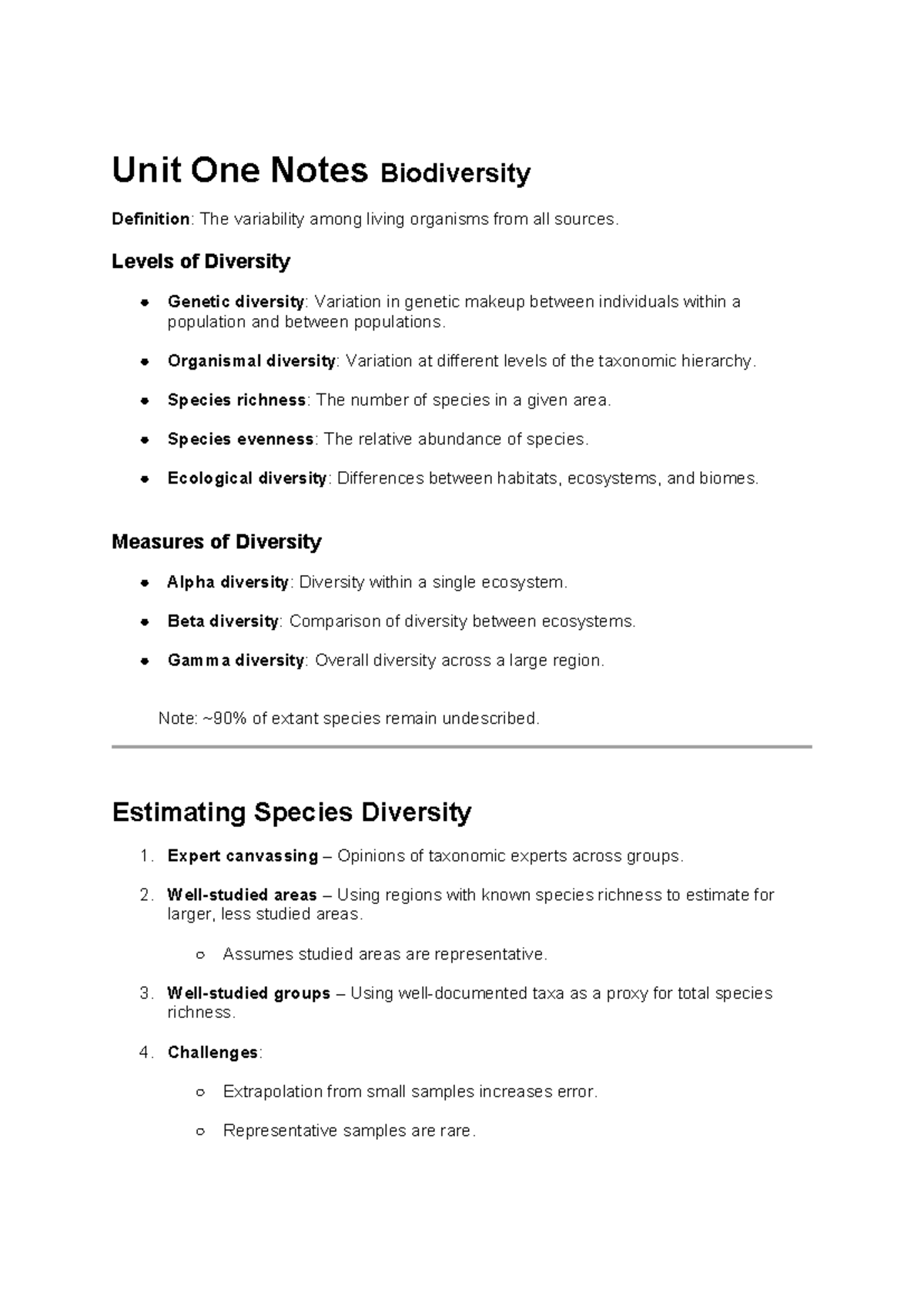 Biodiversity Conservation and Phylogeny: Unit One Notes - Studocu