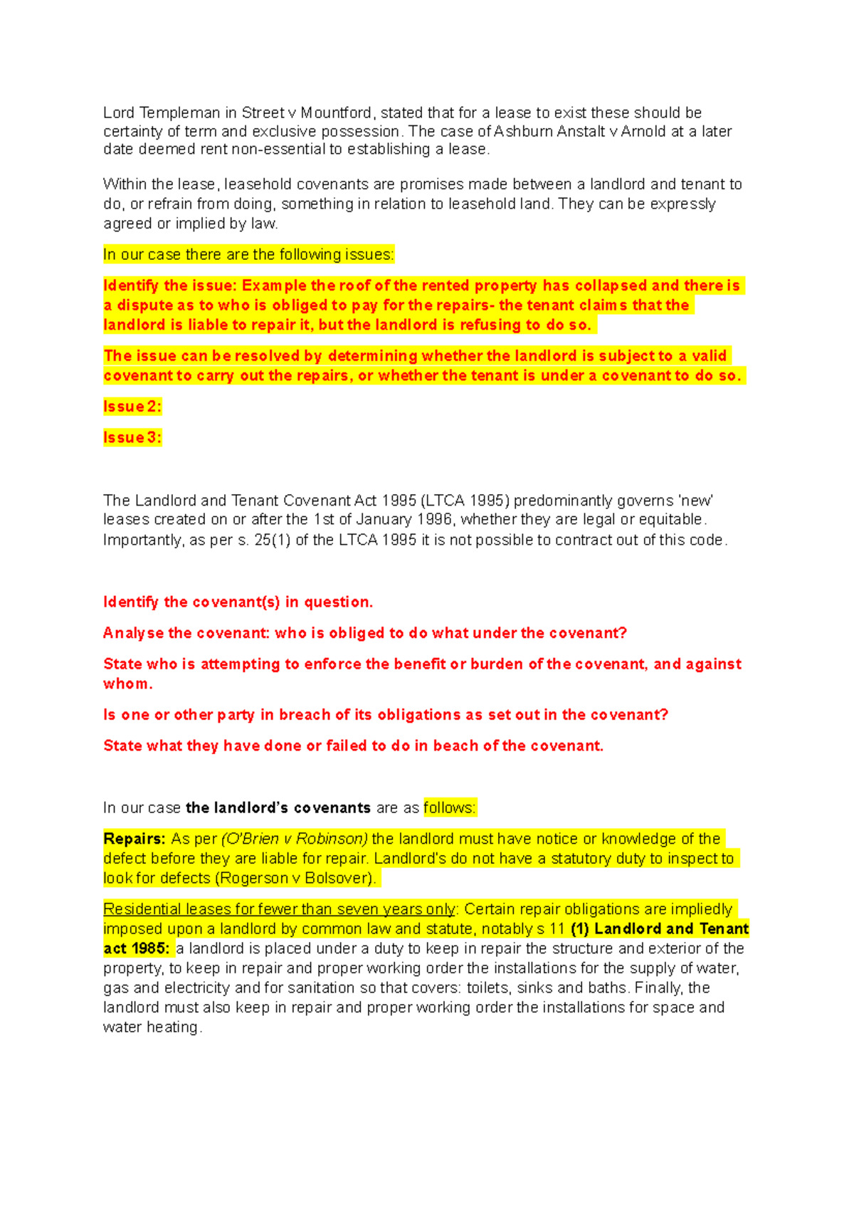 A essay leashold covenants - Lord Templeman in Street v Mountford ...