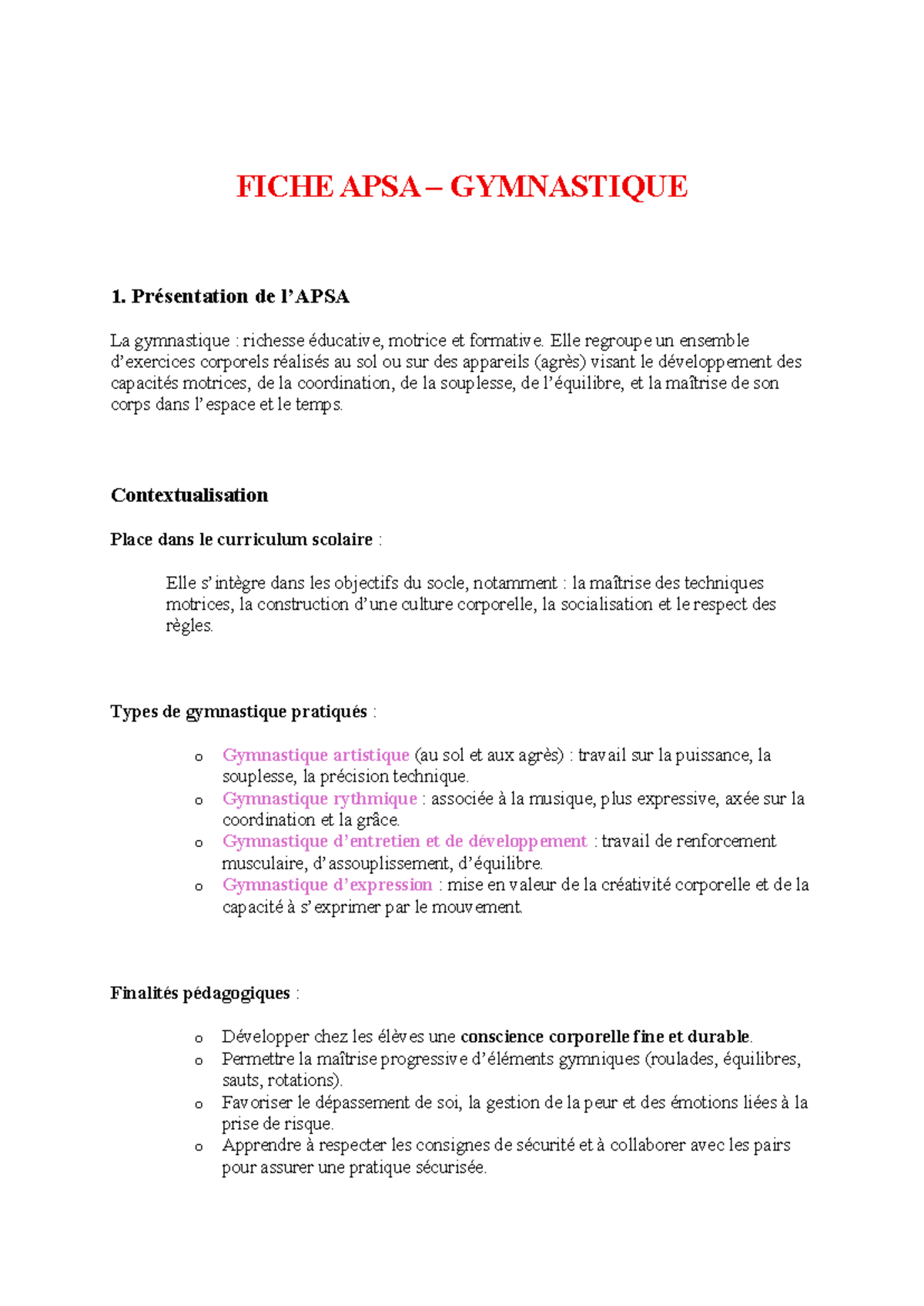 FICHE APSA GYMNASTIQUE : Éducation, Techniques et Progressions - Studocu