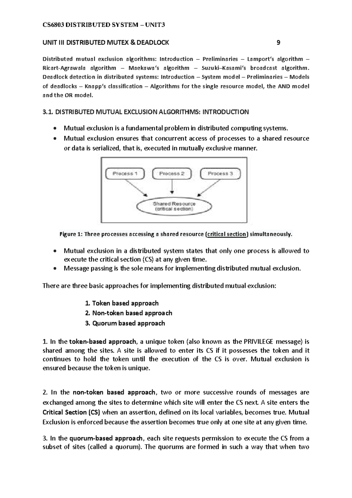 CS6803 DISTRIBUTED SYSTEM UNIT 3: MUTUAL EXCLUSION & DEADLOCK ...