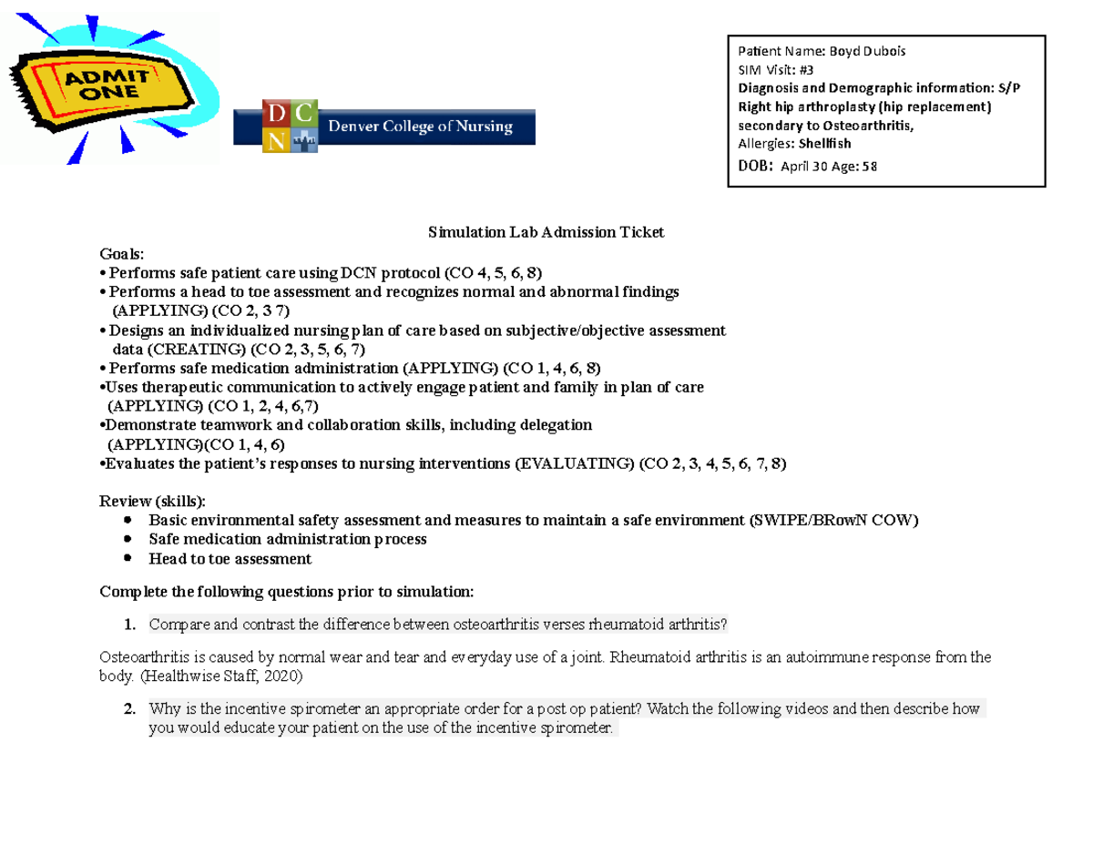 Boyd Dubois Simulation Lab Admission Ticket - Nursing Skills Review ...