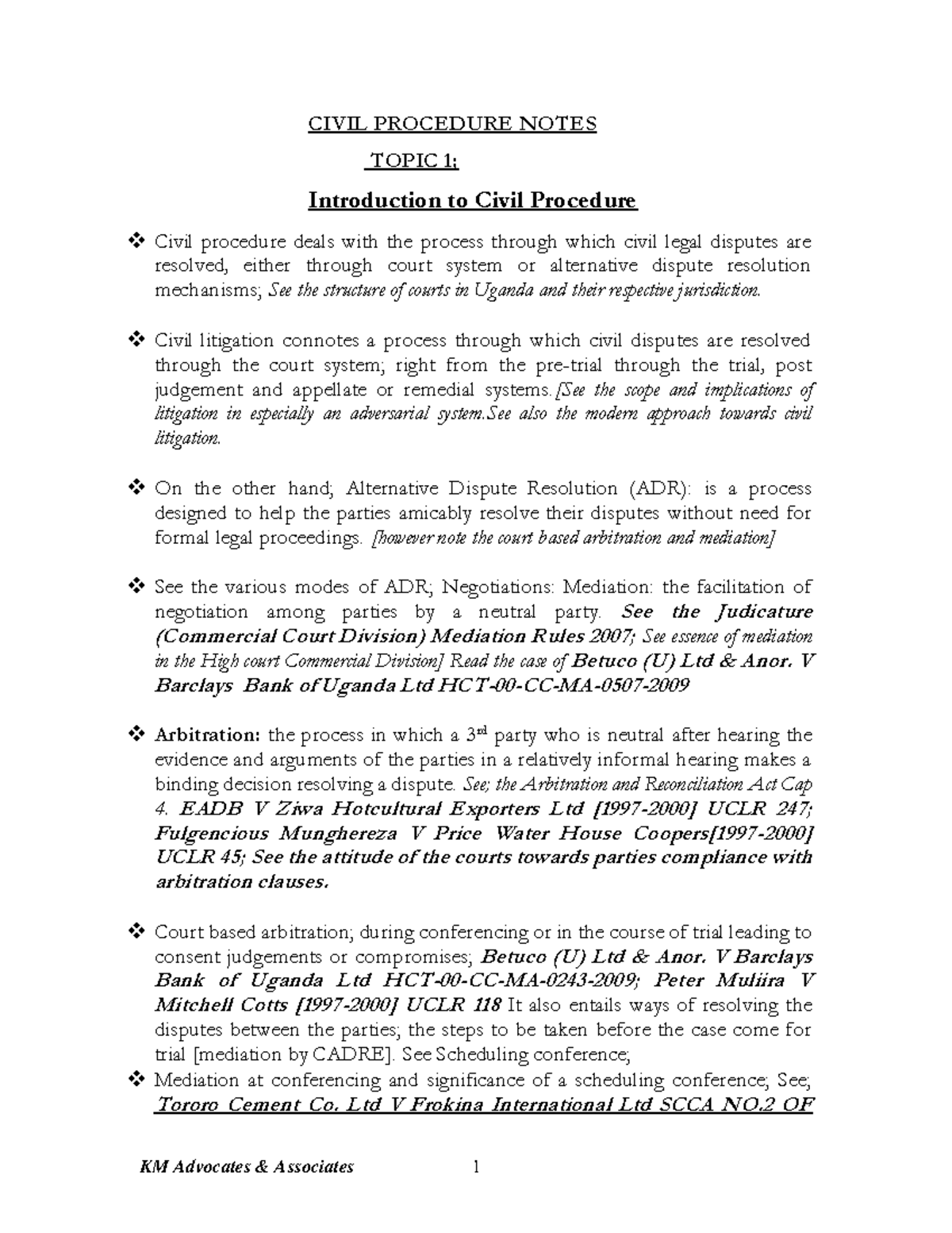 Civil Procedure 1 and relevant cases - CIVIL PROCEDURE NOTES TOPIC 1 ...