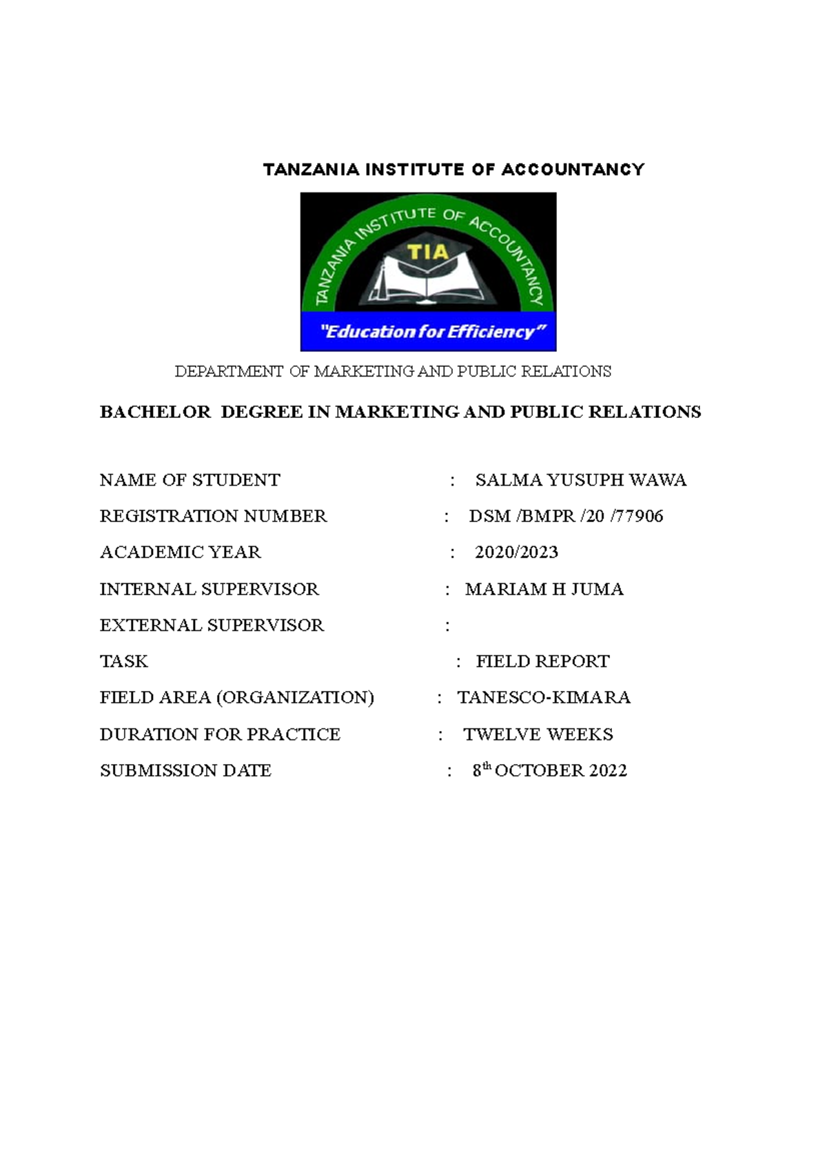 Field Report on Practical Training at TANESCO (BMR 2020) - Studocu