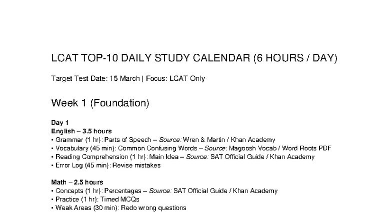 LCAT Daily Study Calendar: 6-Hour Study Plan for Test Prep - Studocu