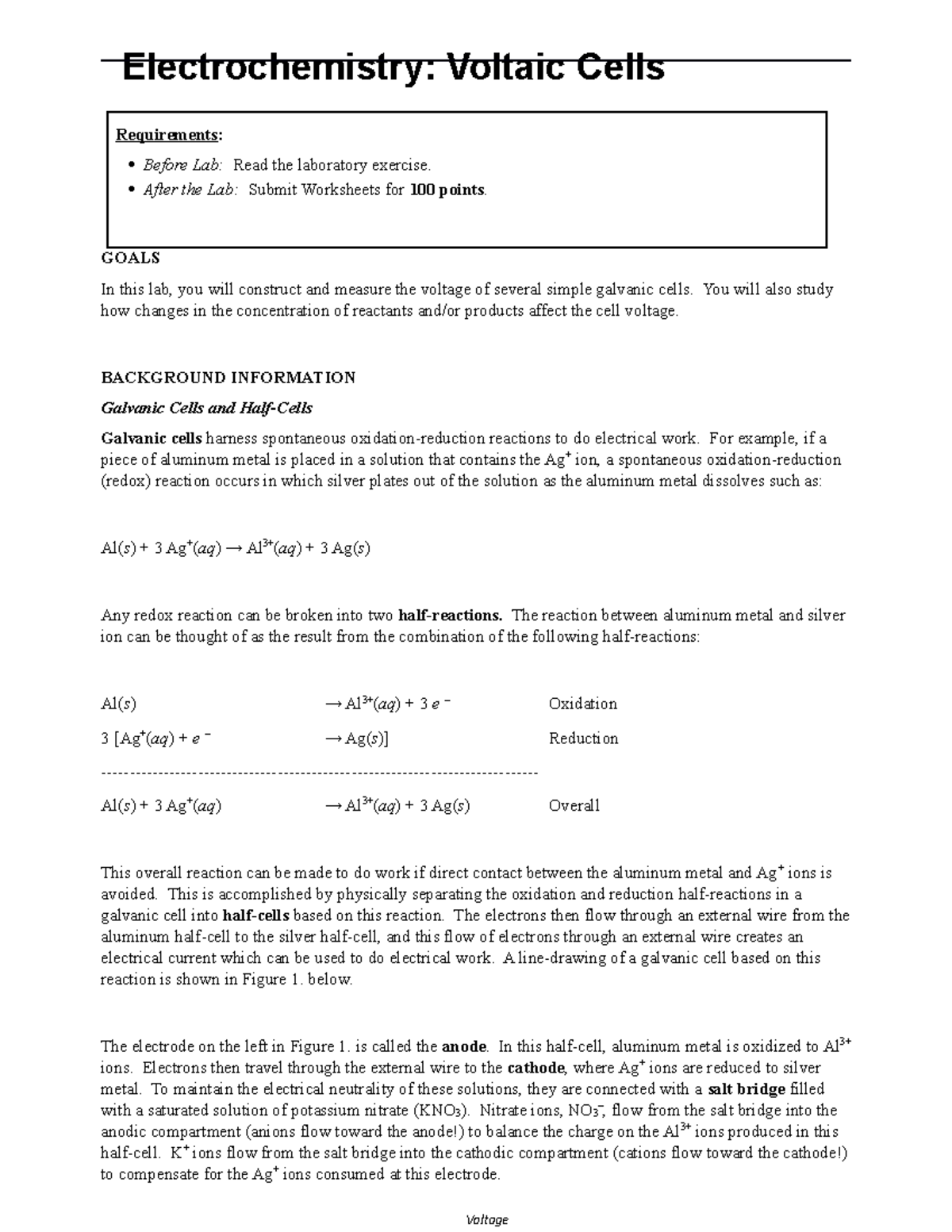 Electrochemistry Lab Worksheet - Electrochemistry: Voltaic Cells ...