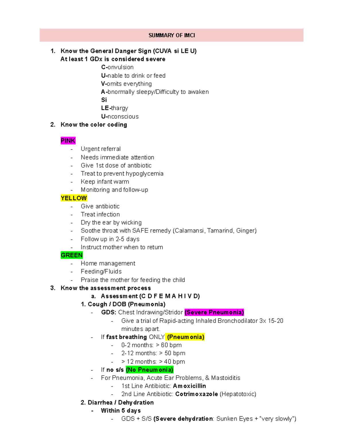 IMCI - General Danger Signs & Color Coding for Assessment - Studocu