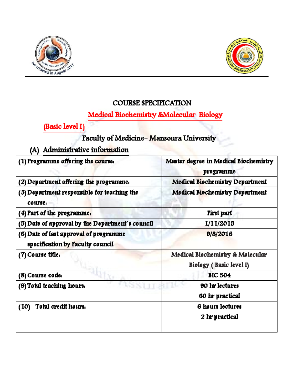 BIC 504 - Medical Biochemistry Basic Level I Lecture Summaries - Studocu