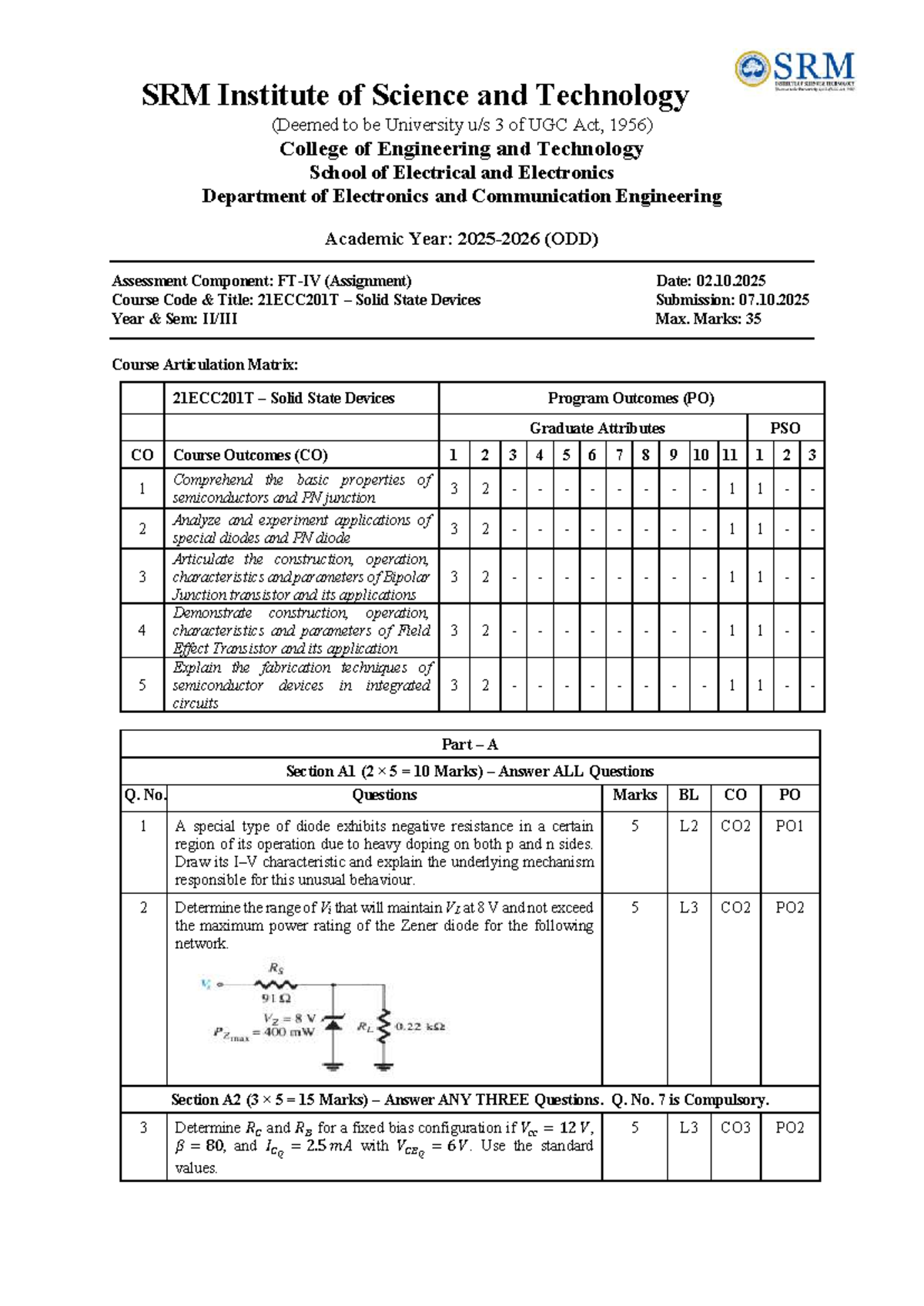 21ECC201T Solid State Devices Assignment - ODD Sem 2025 - Studocu