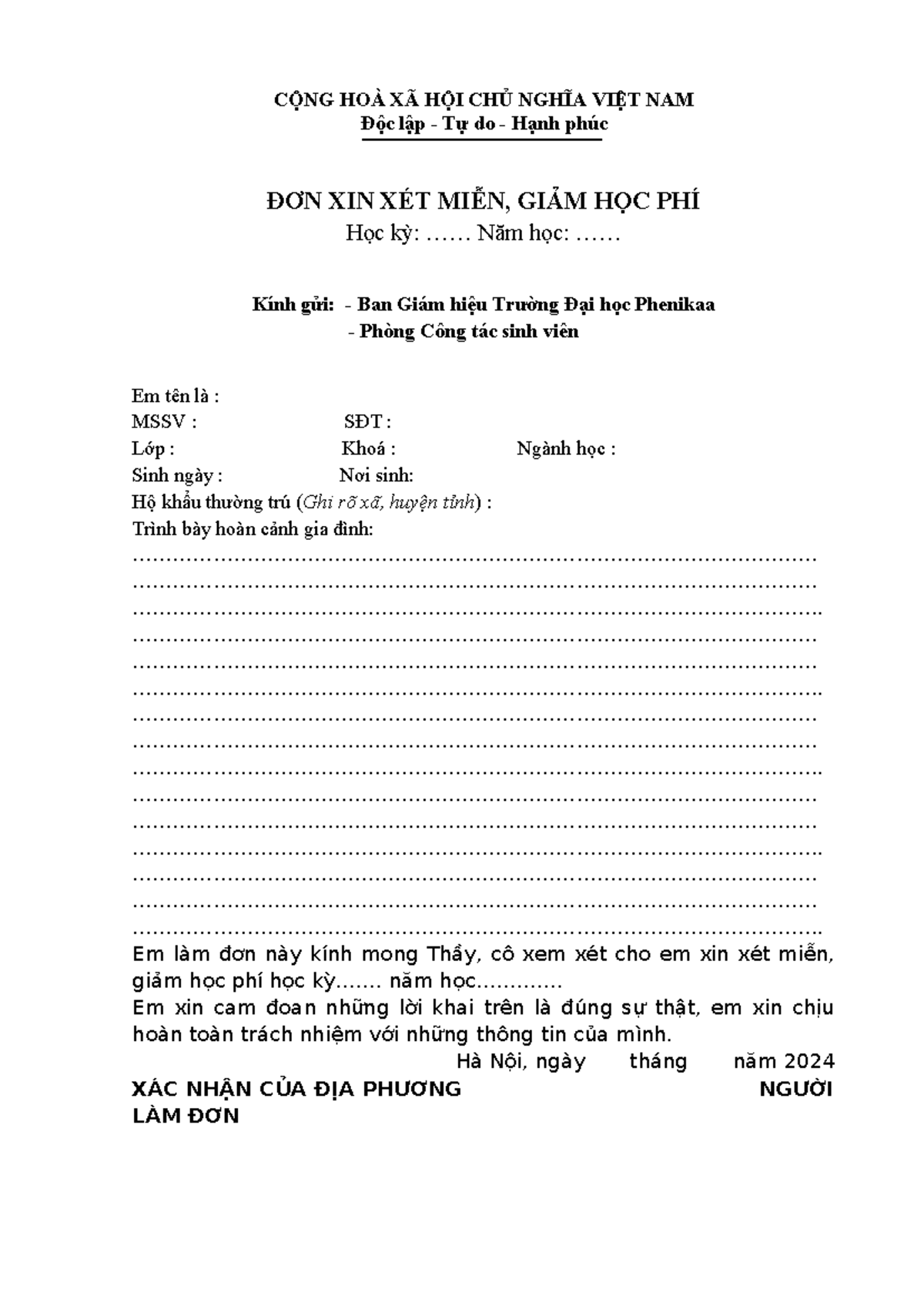 Mẫu đơn xin xét miễn, giảm học phí - CỘNG HOÀ XÃ HỘI CHỦ NGHĨA VIỆT NAM ...