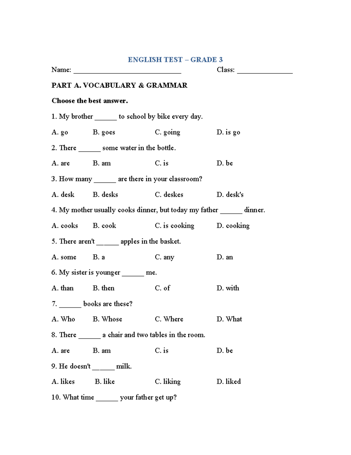 Grade 3 English Vocabulary & Grammar Test 1 - Studocu