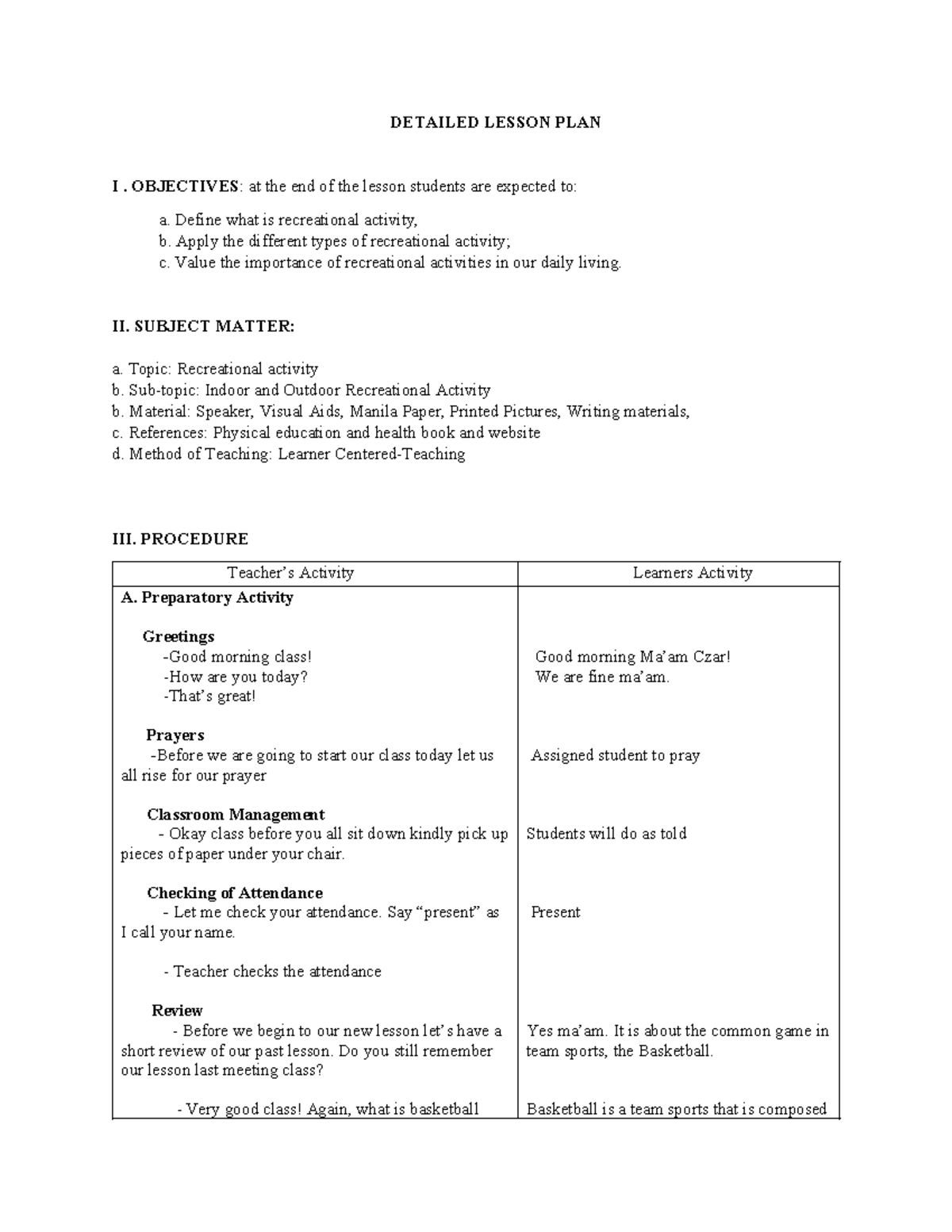 Detailed Lesson Plan on Recreational Activities (PE 101) - Studocu