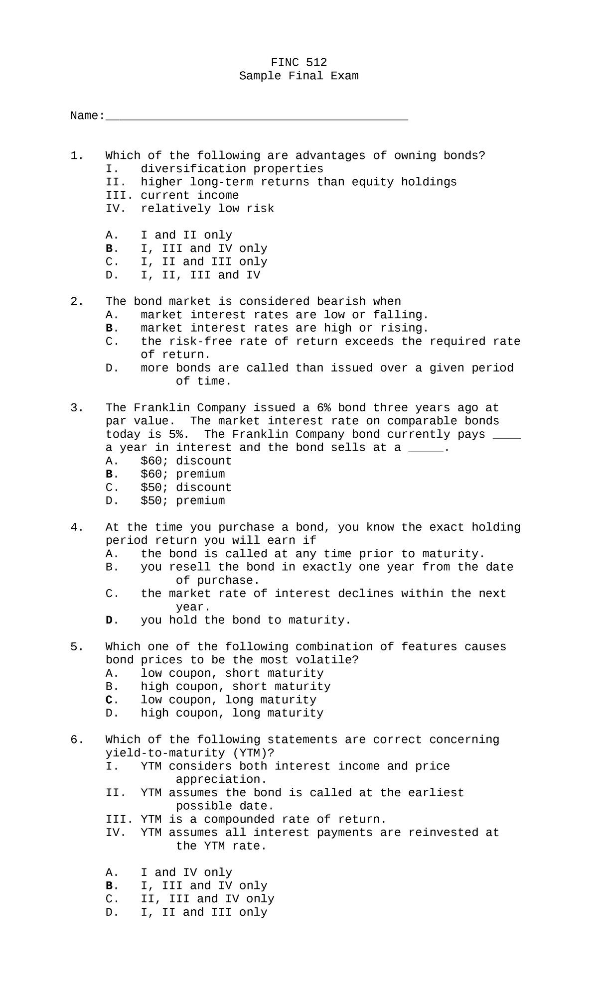 FINC 512 Sample Final Exam: Key Questions and Answer Guide - Studocu