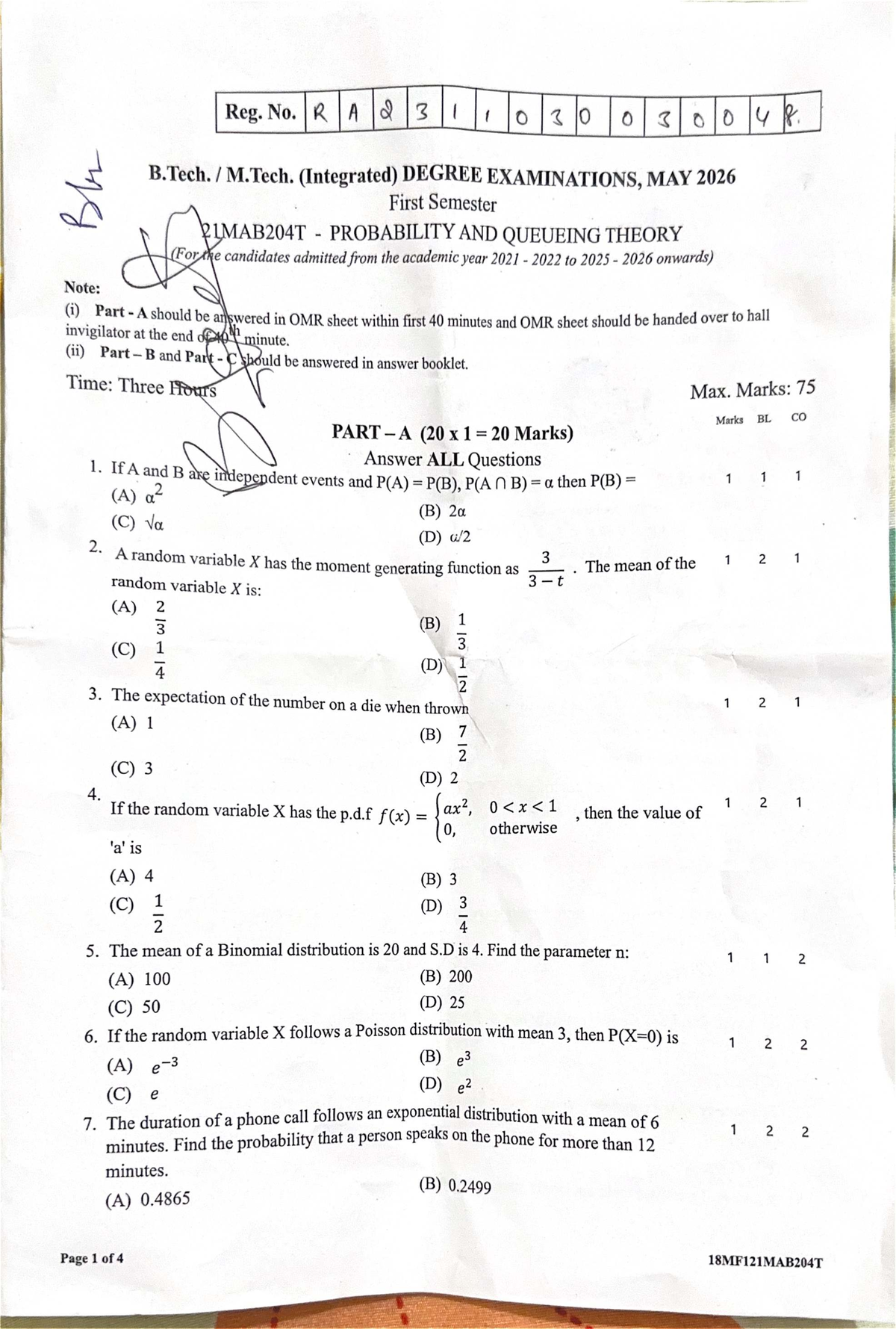 21MAB204T - Probability and Queueing Theory Exam Paper, May 2026 - Studocu