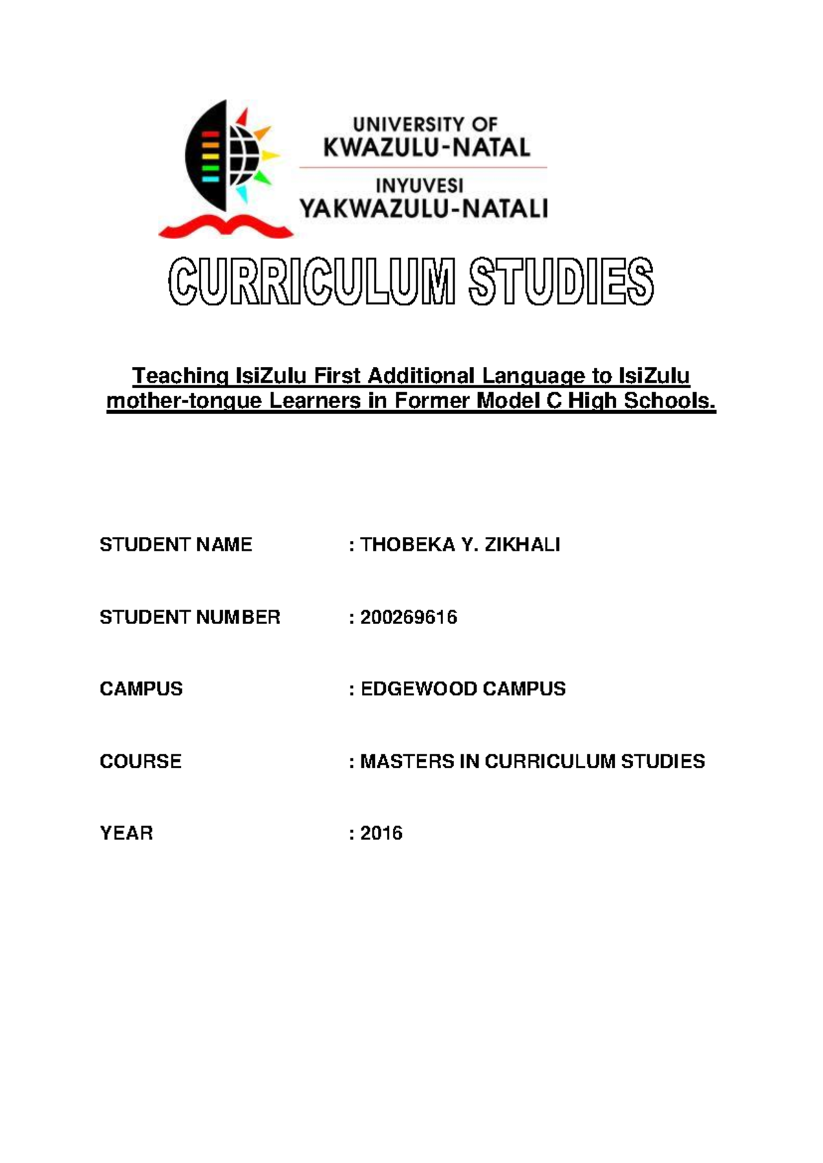 Teaching IsiZulu FAL in Former Model C Schools: Challenges & Insights ...
