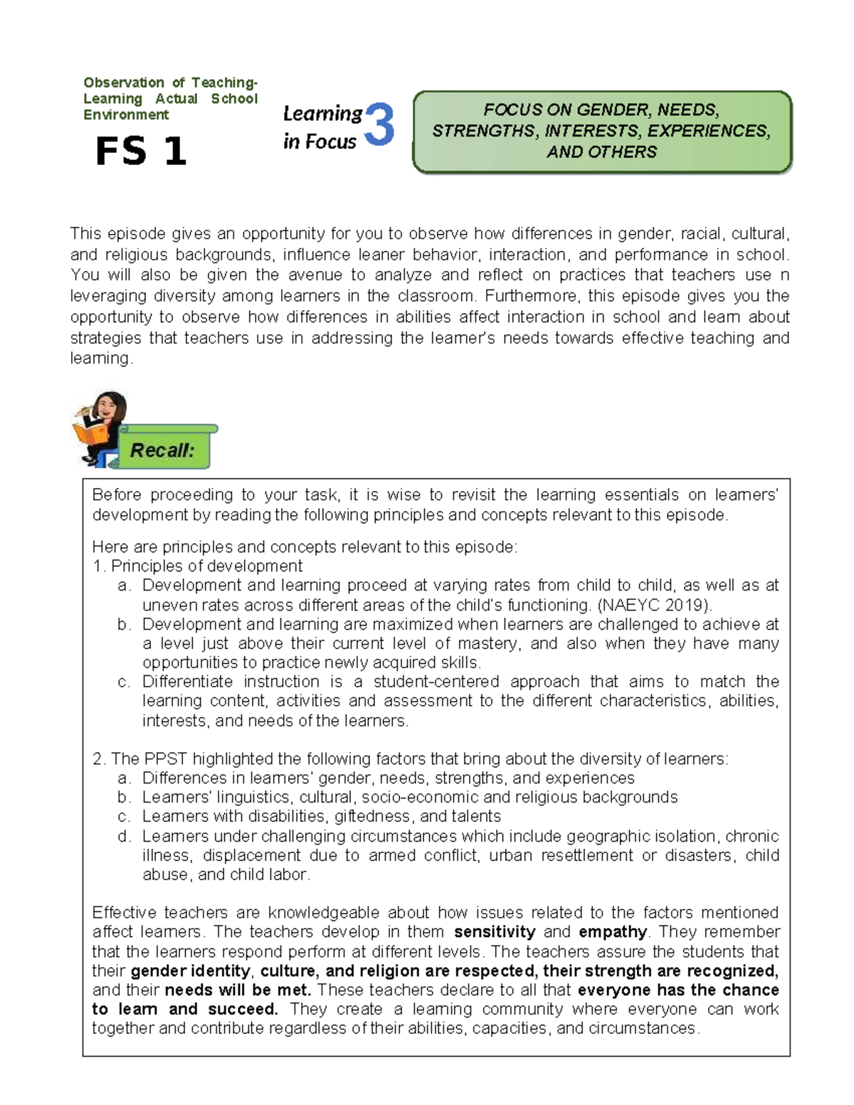 Field Study 1: Learning Episode 3 - Observing Diversity in Teaching and Learning - Studocu