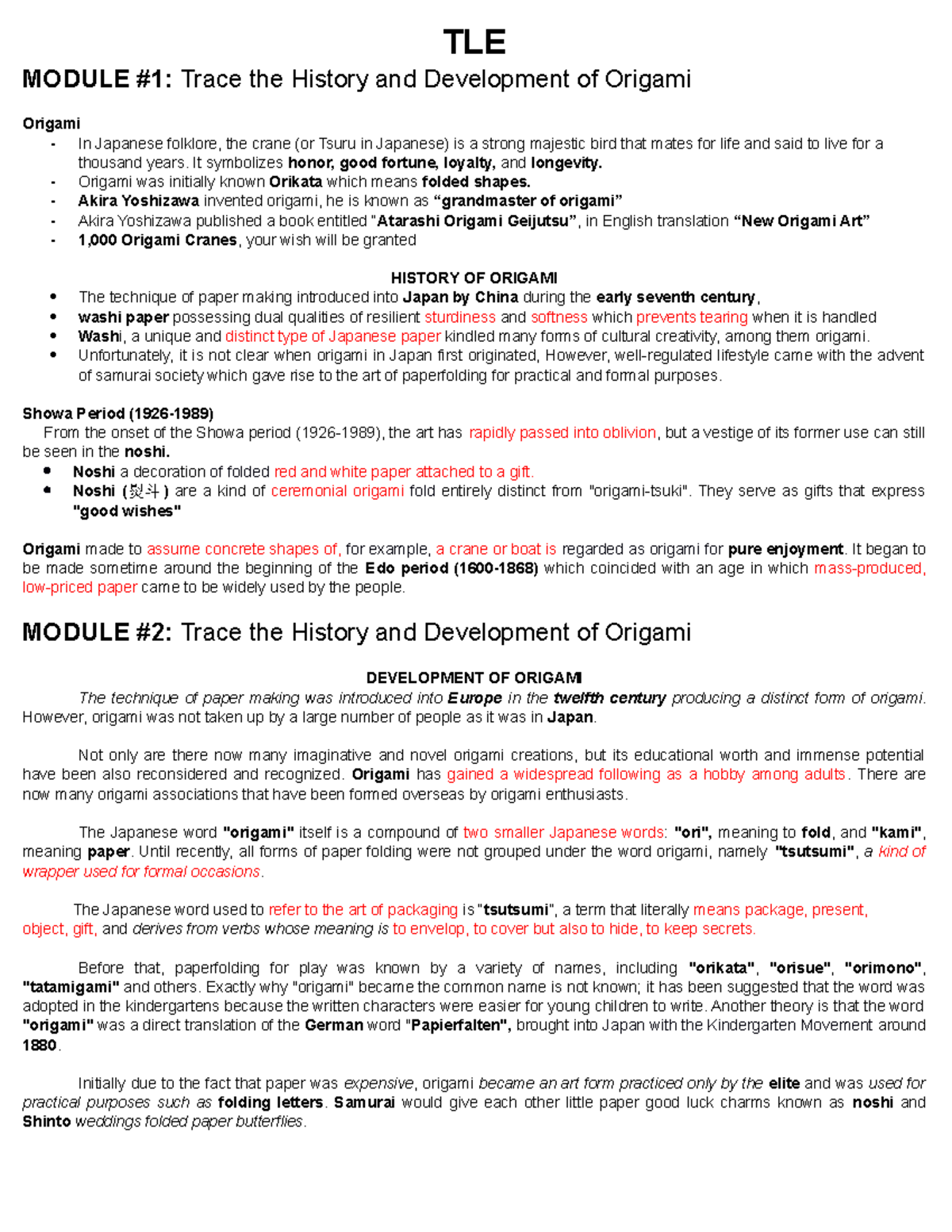 History and Development of Origami: TLE Module #1-4 Overview - Studocu