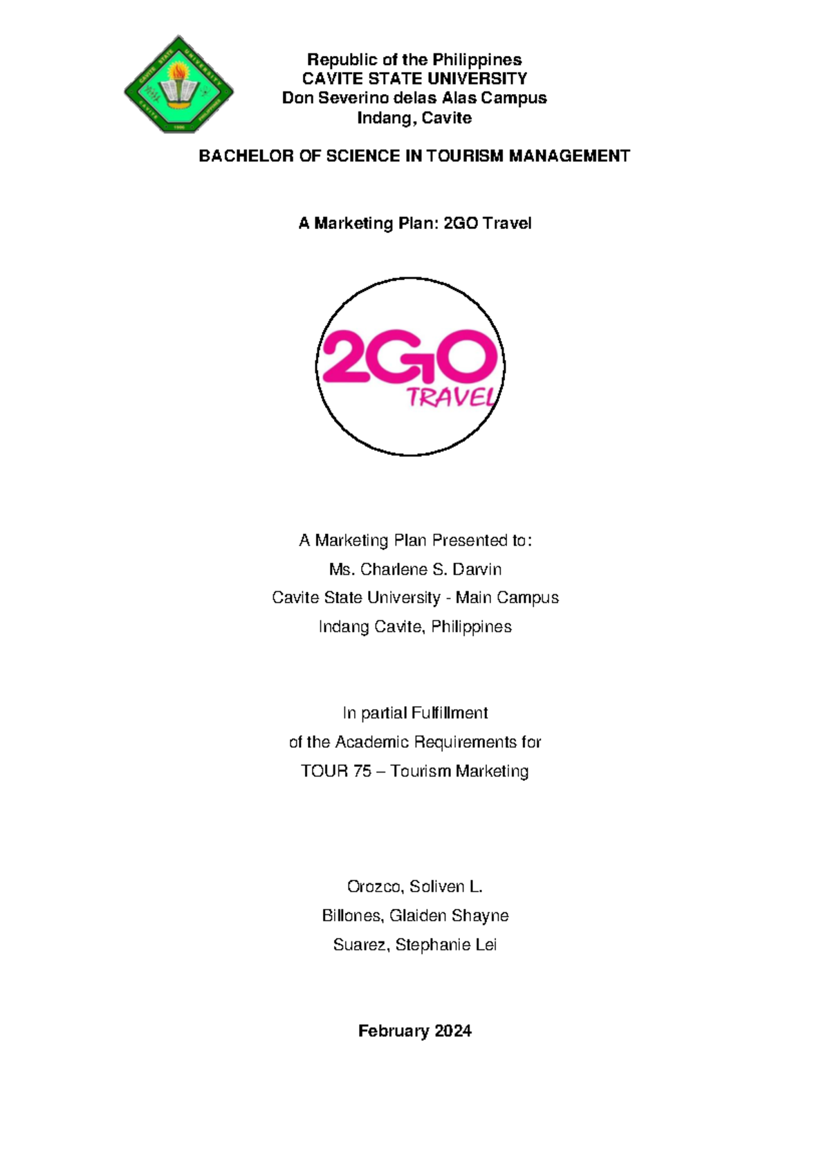 2GO Travel Marketing Plan: Strategies for Tourism Management (TOUR 75 ...
