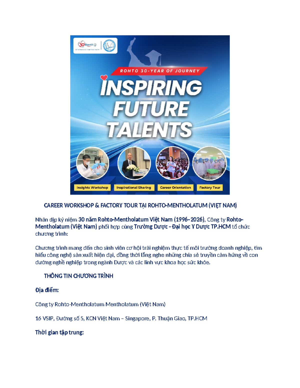 CHƯƠNG TRÌNH CAREER WORKSHOP TẠI ROHTO MENTHOLATUM - Studocu