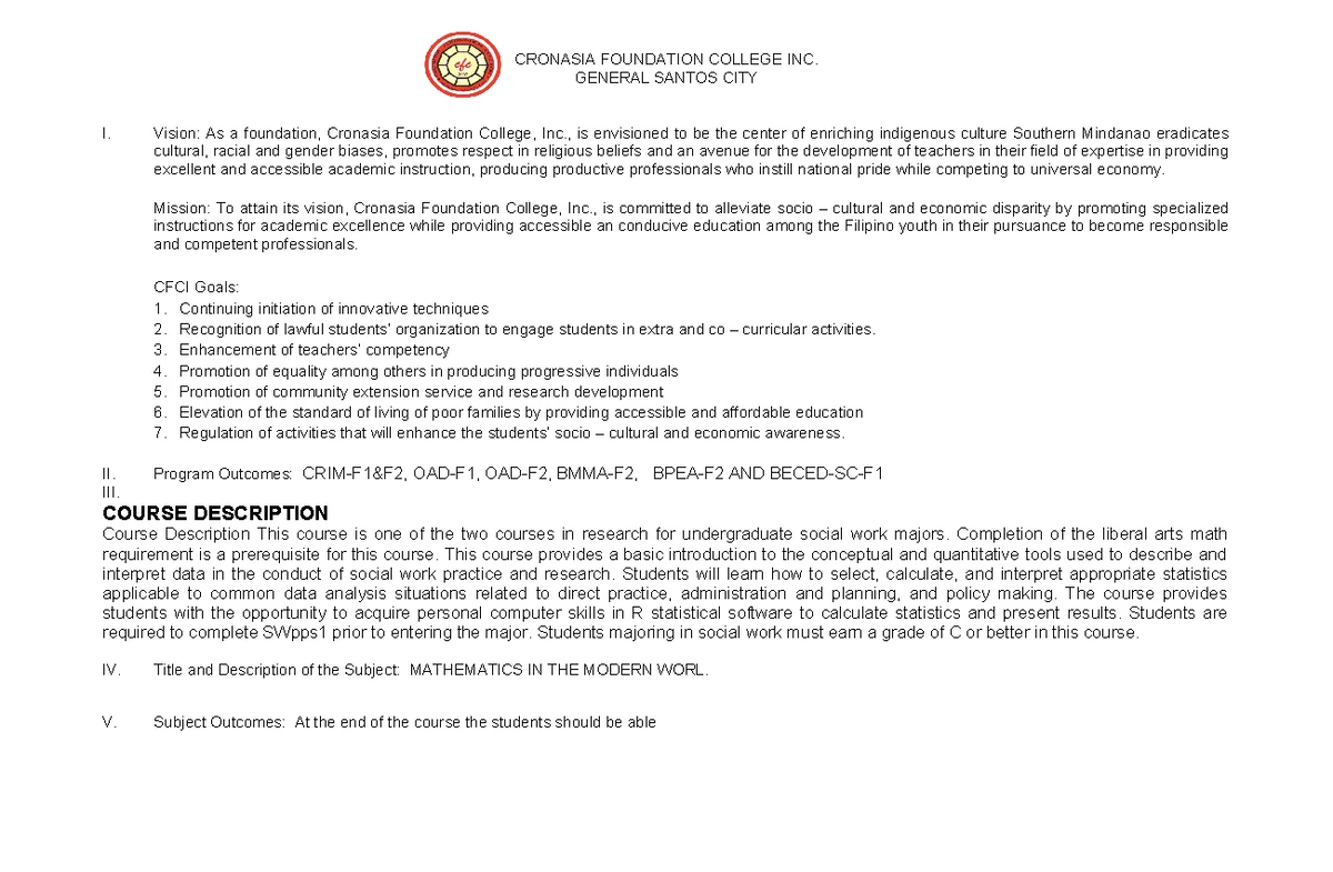 OBE GE3 Mathematics in the Modern World - Course Overview & Objectives ...