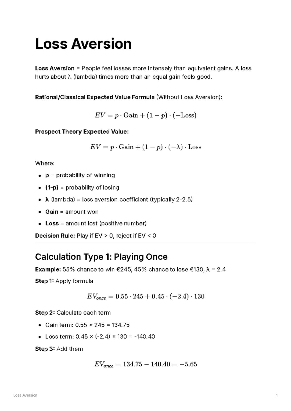 Loss Aversion - Calculations & Formulas for Decision Making - Studocu