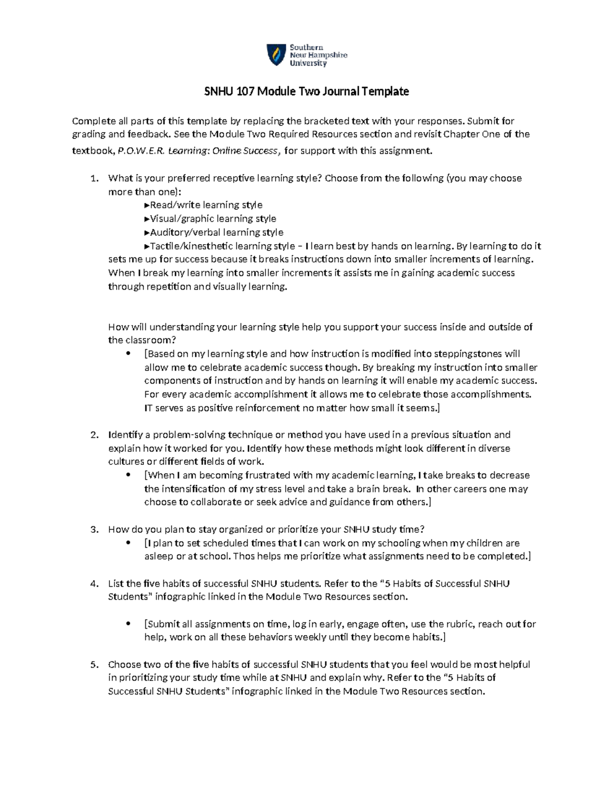 SNHU 107 Module Two Journal Response: Learning Styles & Success - Studocu