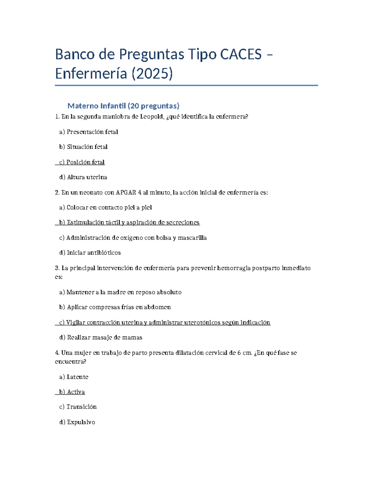 Banco de Preguntas CACES Enfermería 2025: Materno Infantil - Studocu