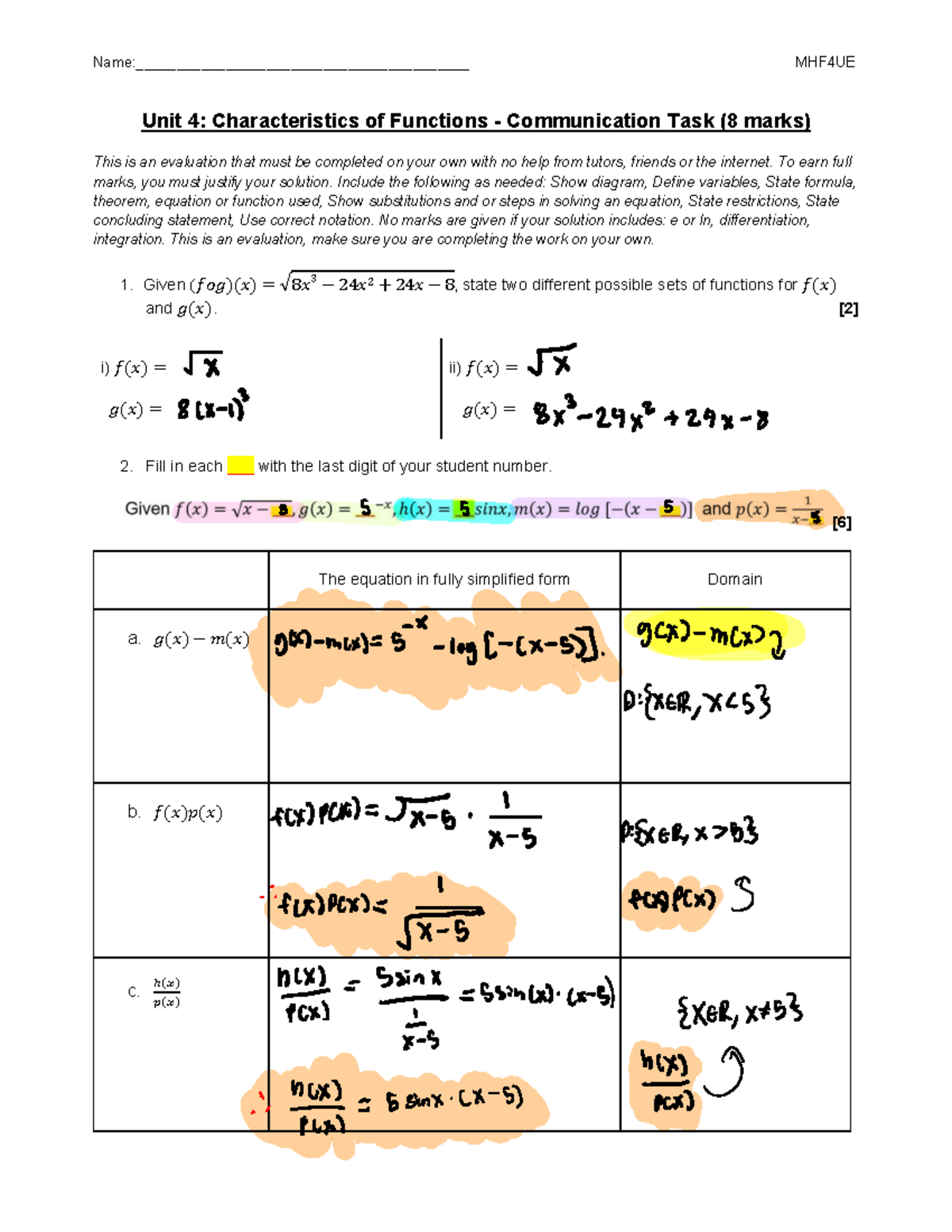 MHF4UE Unit 4: Characteristics of Functions Evaluation Task - Studocu