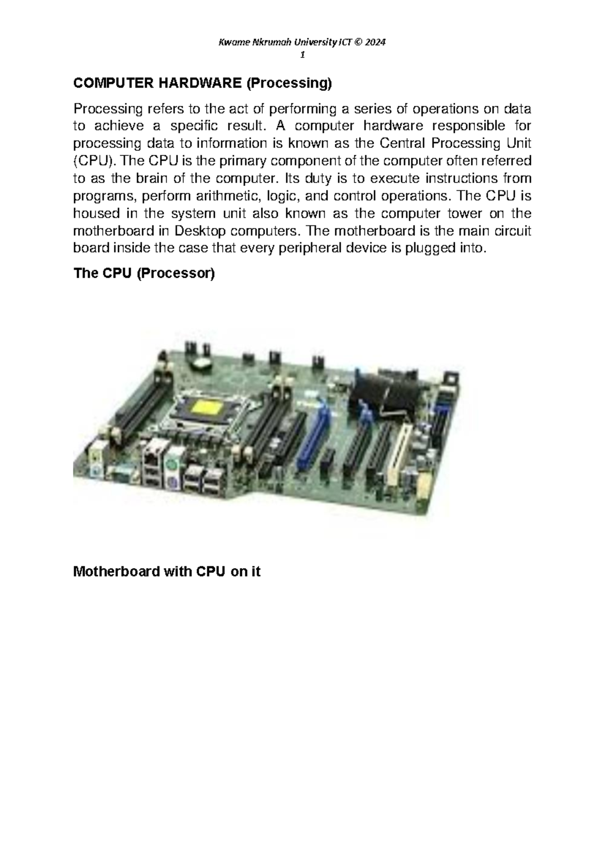Computer Hardware: CPU Processes & Key Components Overview - Studocu