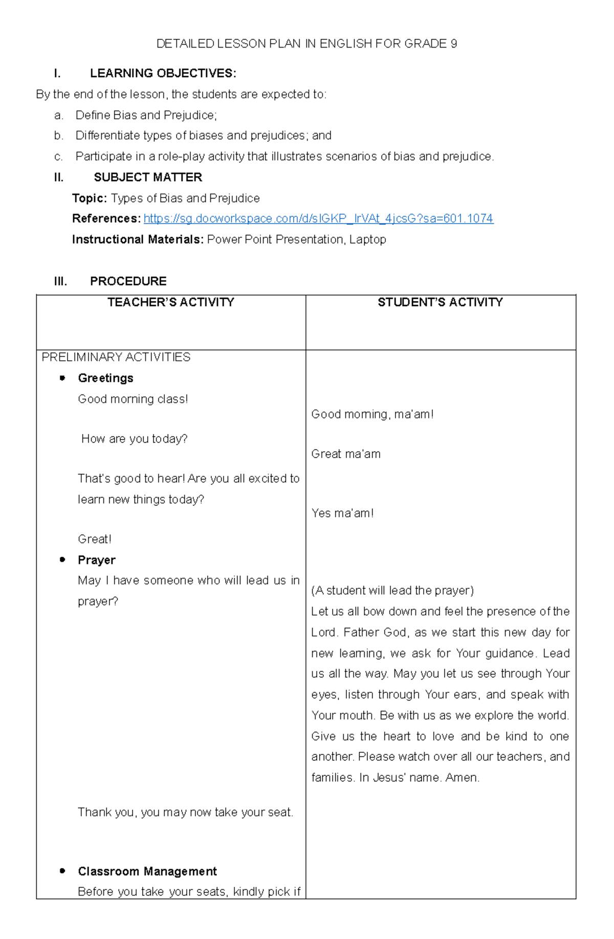 DLP: Understanding Bias and Prejudice in Grade 9 English Lesson - Studocu