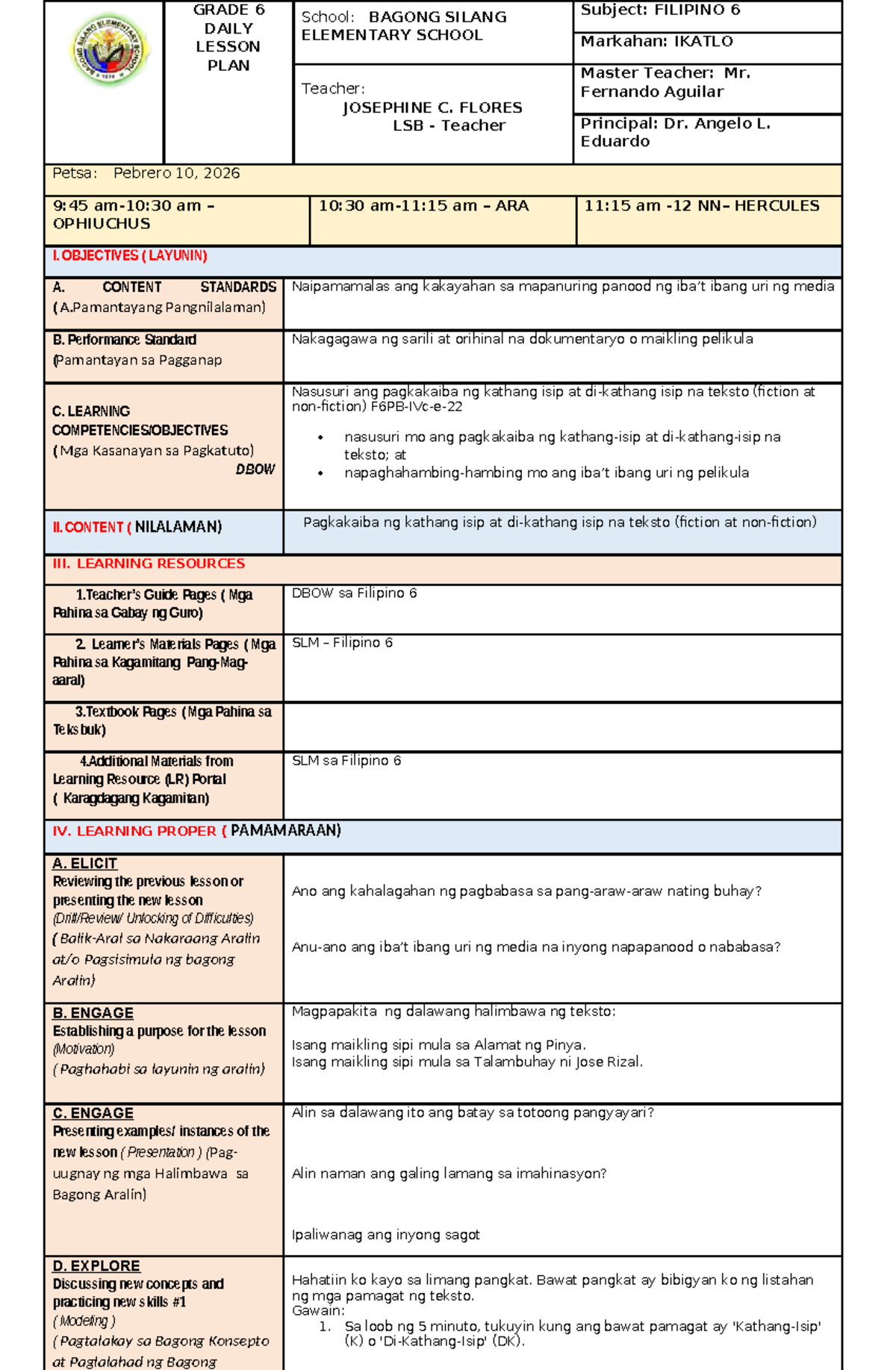GRADE 6 FILIPINO DAILY LESSON PLAN - FEBRUARY 10, 2026 - Studocu