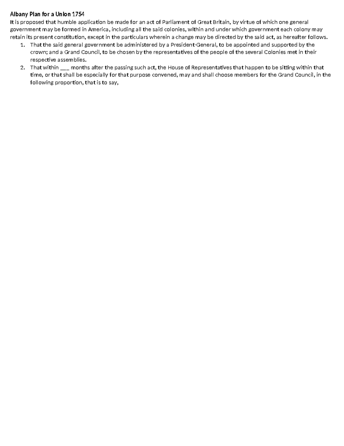 Copy of albany plan for a union 1754 - Albany Plan for a Union 1754 It ...