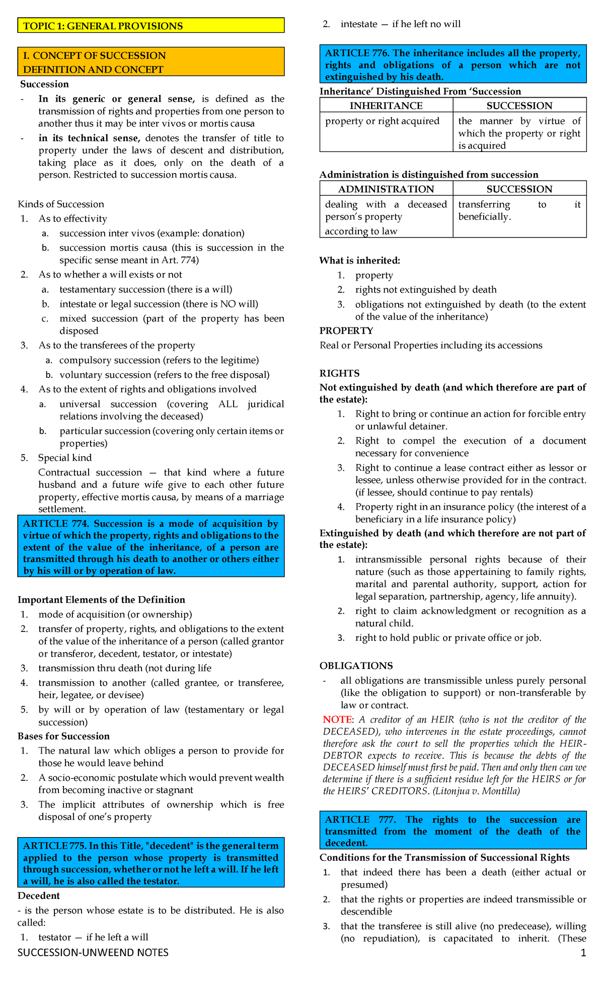 Succession Law (Course Code: LAW 101) - Comprehensive Notes on General ...