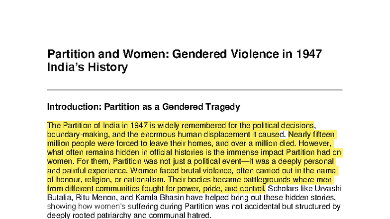 Partition and Women: Gendered Violence in 1947 History Analysis - Studocu
