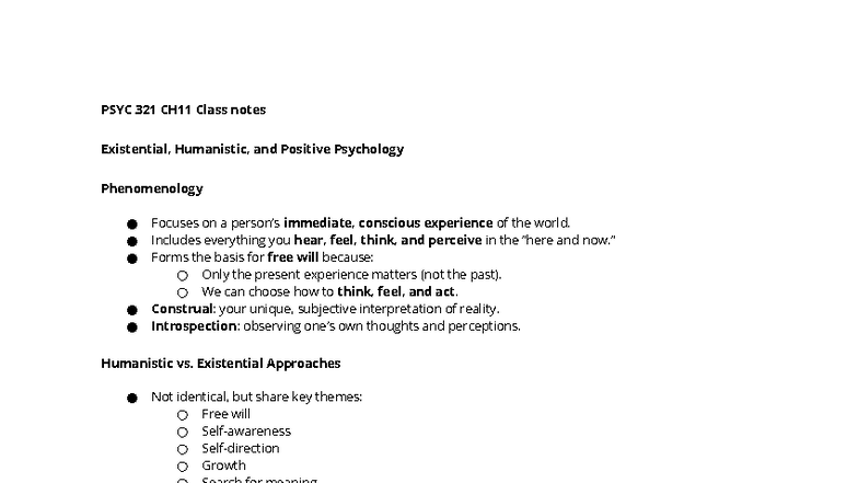 PSYC 321 CH11 Class Notes: Exploring Existential, Humanistic, and ...