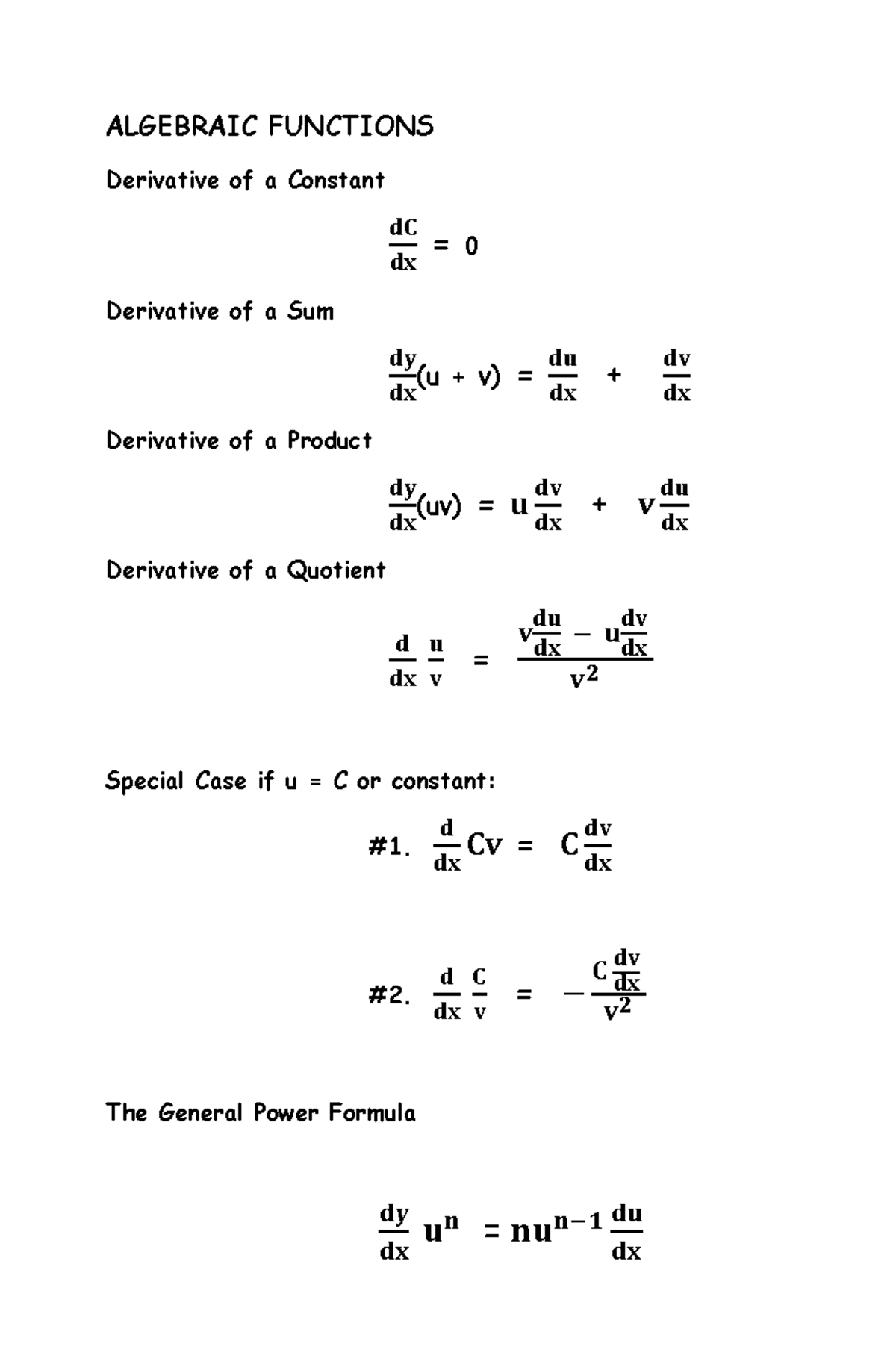 Algebraic Functions - ALGEBRAIC FUNCTIONS Derivative of a Constant = 0 ...