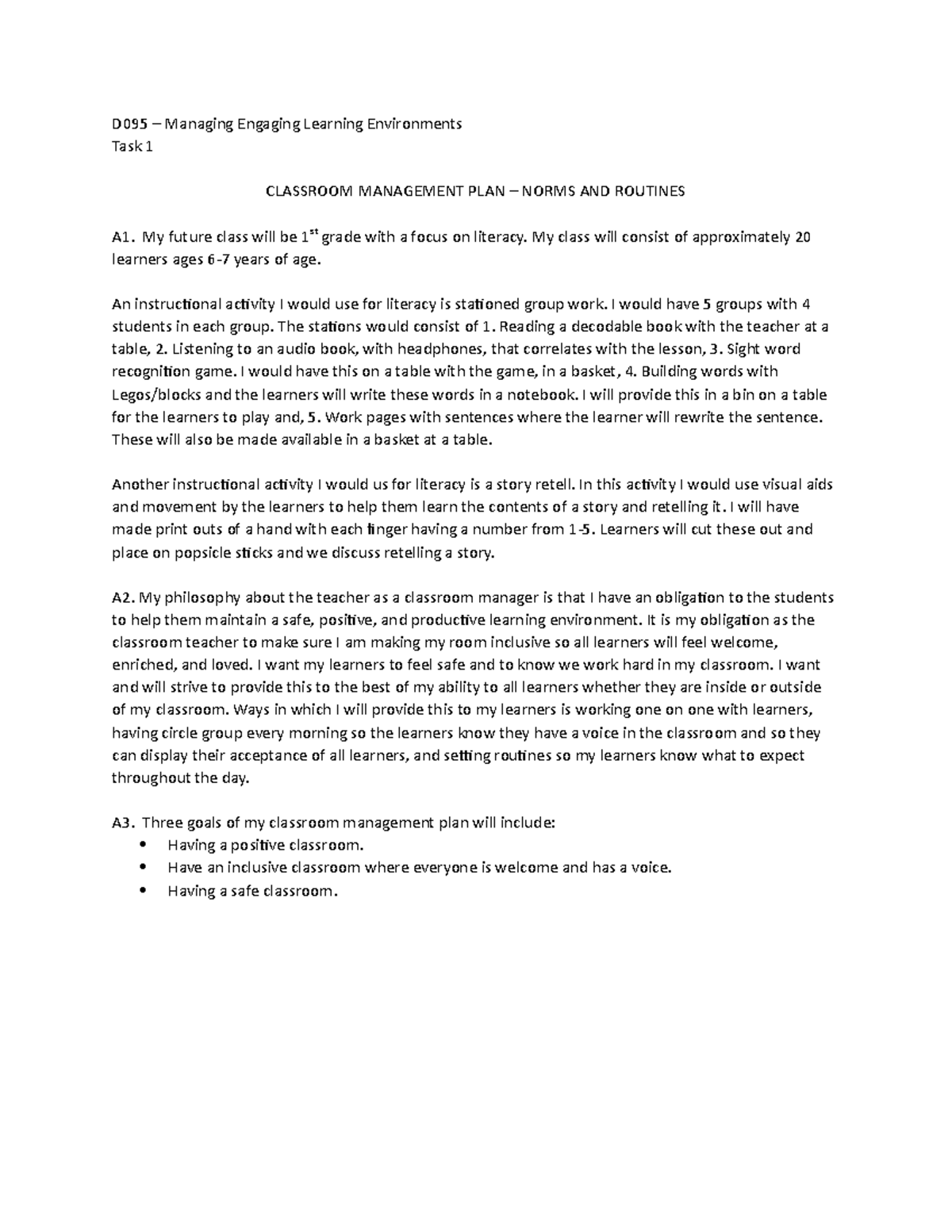 D095 Task 1 - Classroom Management Plan for 1st Grade Literacy - Studocu