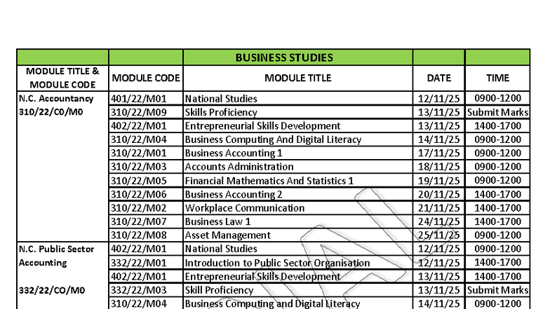 Hexco NOV 2025 NC HND Final Exam Timetable - Studocu