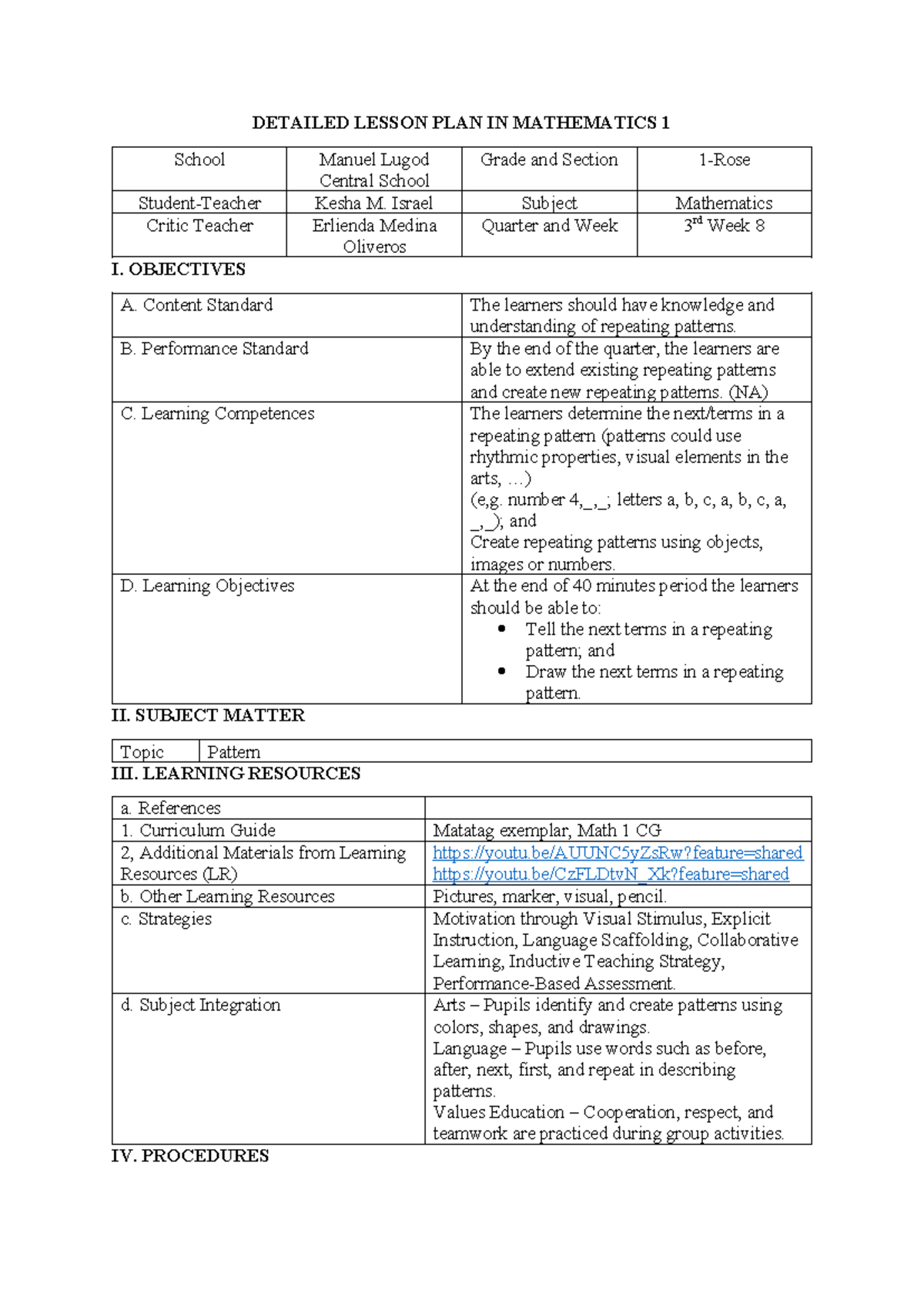 Detailed Lesson Plan in Mathematics 1: Repeating Patterns - Studocu
