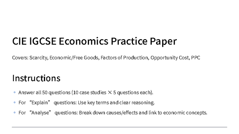 CIE IGCSE Economics Practice Paper: Scarcity & Opportunity Cost ...