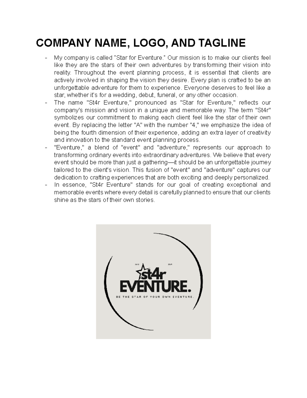 EVM Assignment: Star for Eventure Company Overview and Planning - Studocu