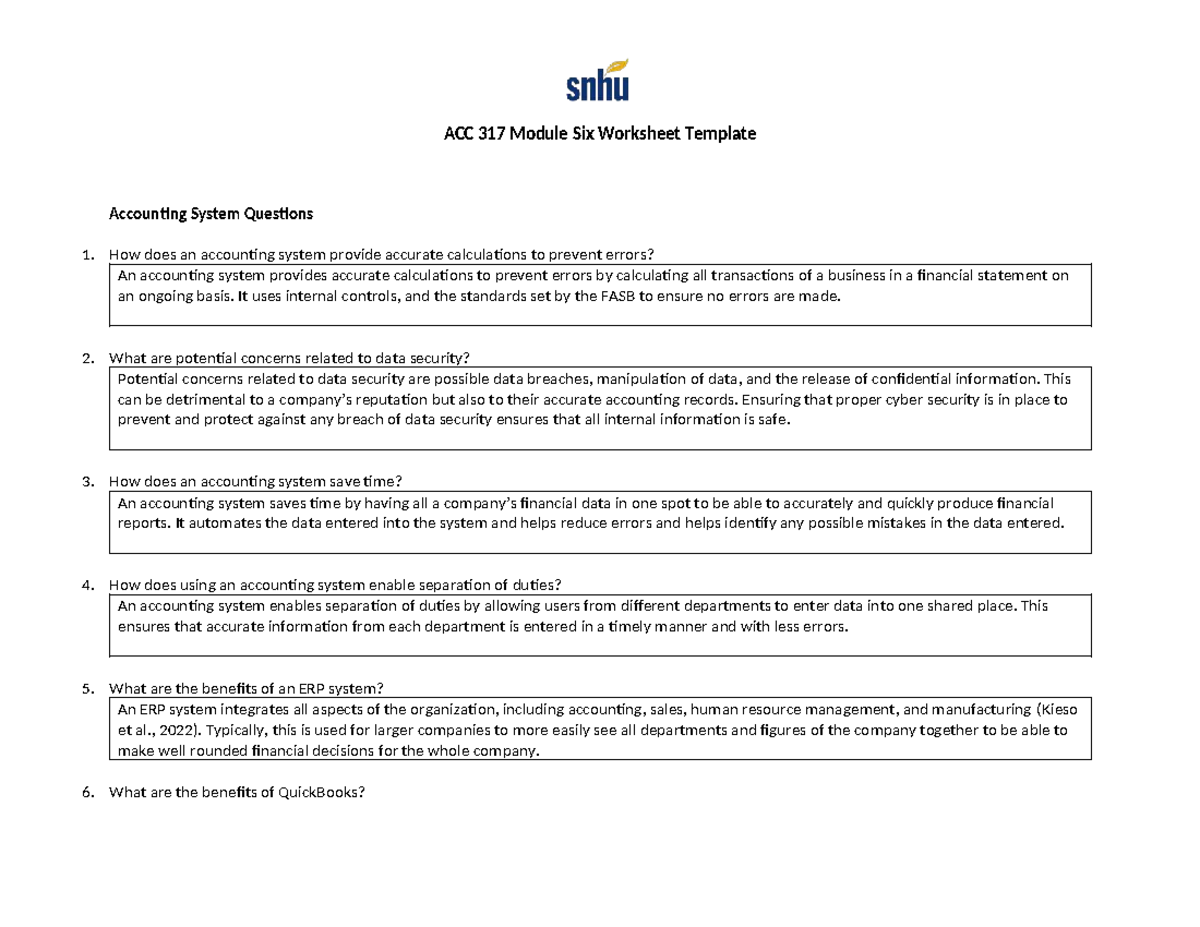 ACC 317 Module Six Worksheet: Accounting System Insights and Benefits ...