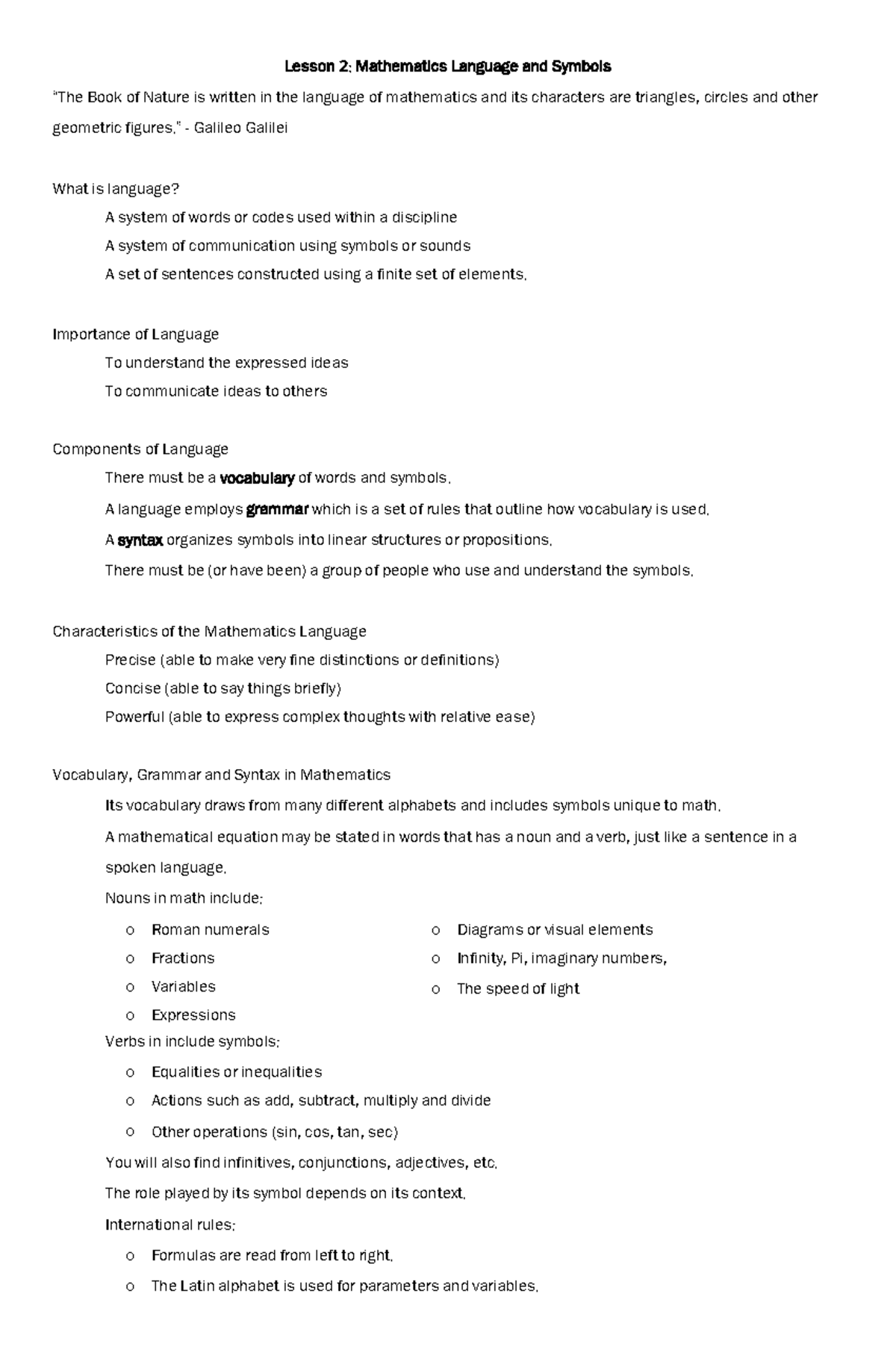 Lesson 2 Mathematics Language and Symbols - Lesson 2: Mathematics ...