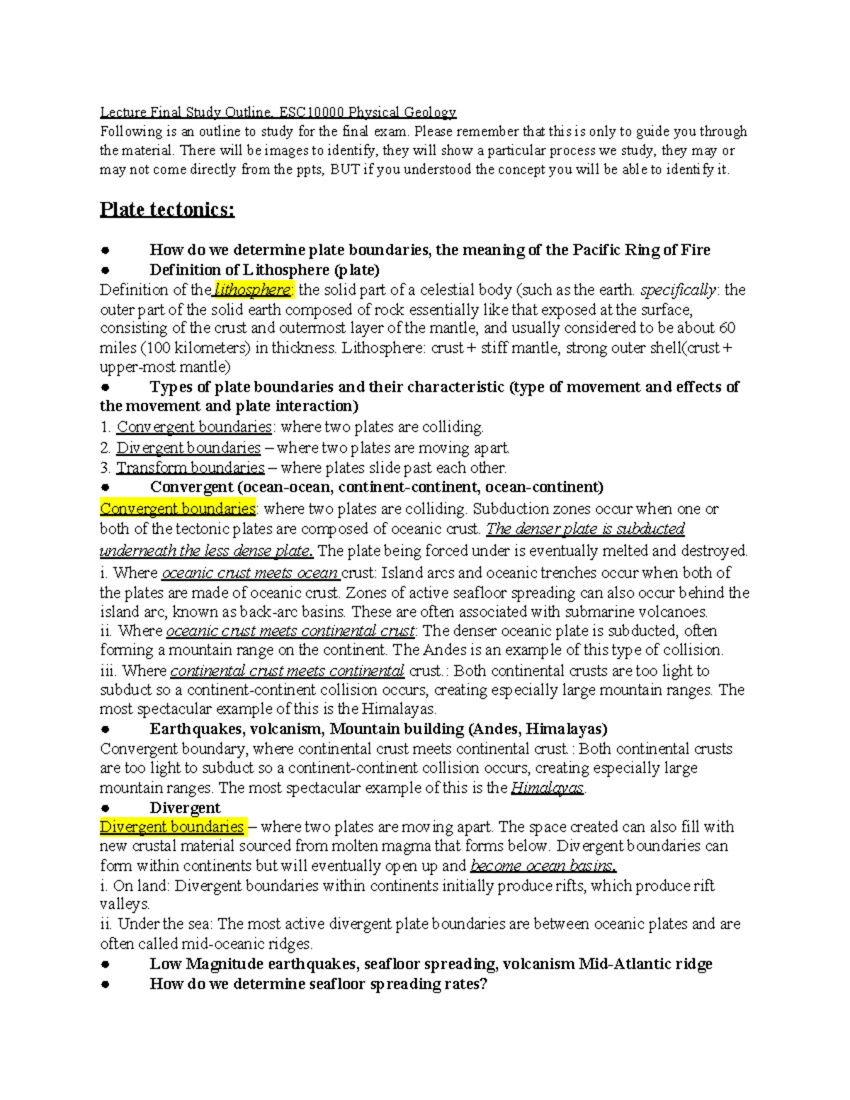 Final Exam Study Outline for ESC10000 Physical Geology - Studocu
