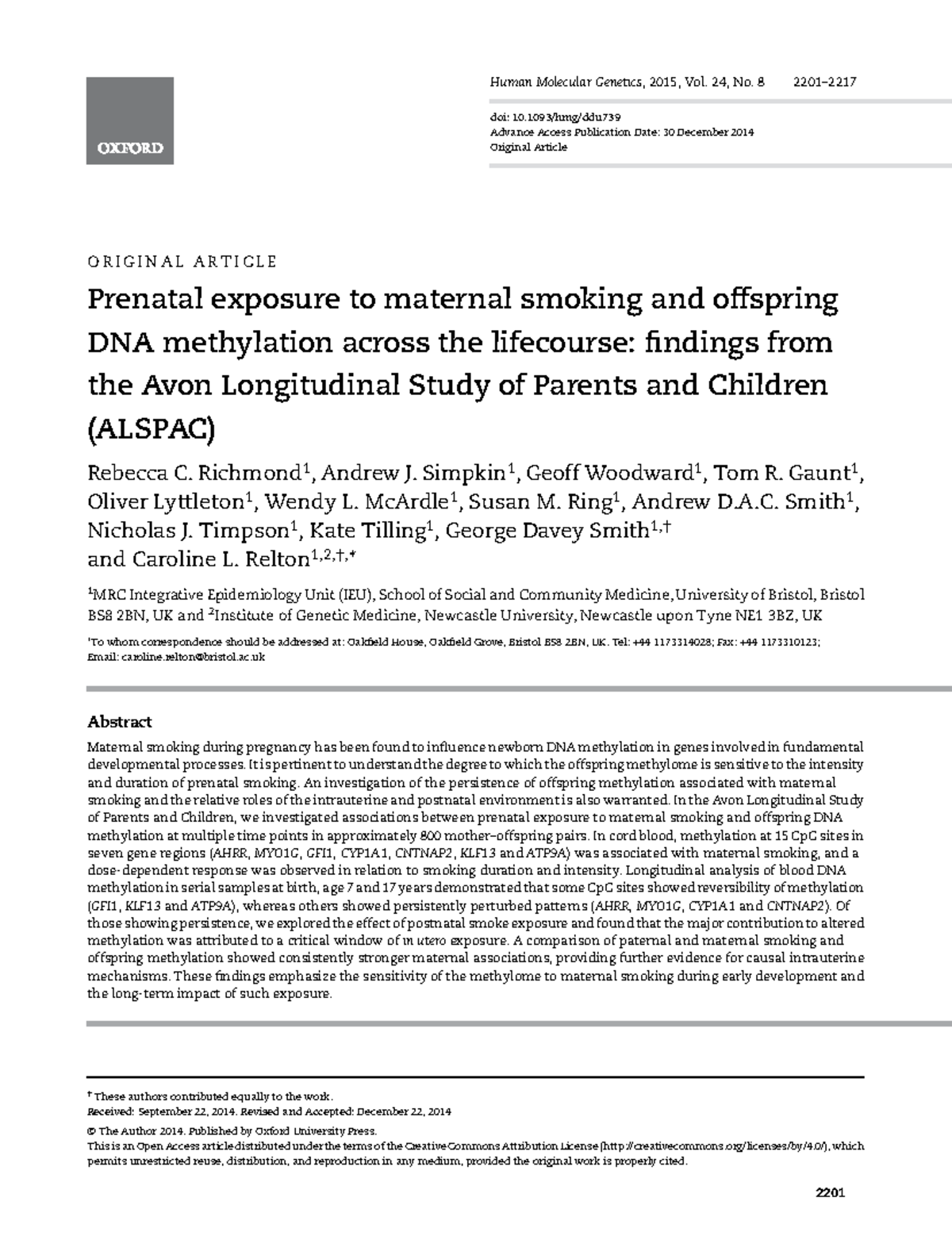 Prenatal Smoking Impact on Offspring DNA Methylation: ALSPAC Study S1 ...