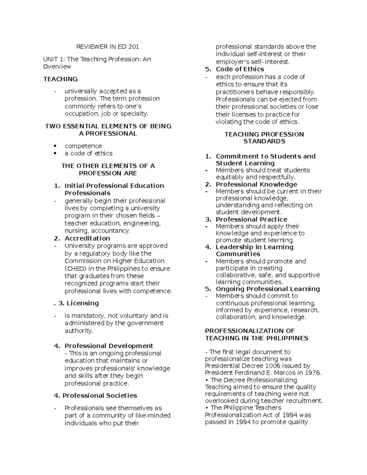 REVIEWER FOR ED 201: Understanding the Teaching Profession - Studocu