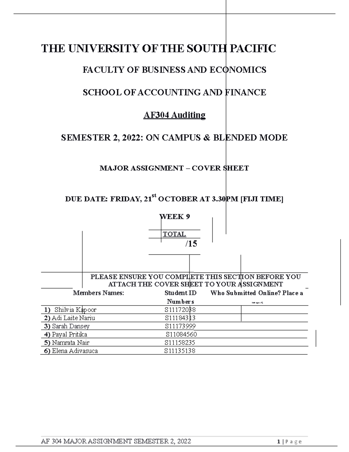 AF304 Major Assignment Cover Sheet - S2 2022 Submission Details - Studocu