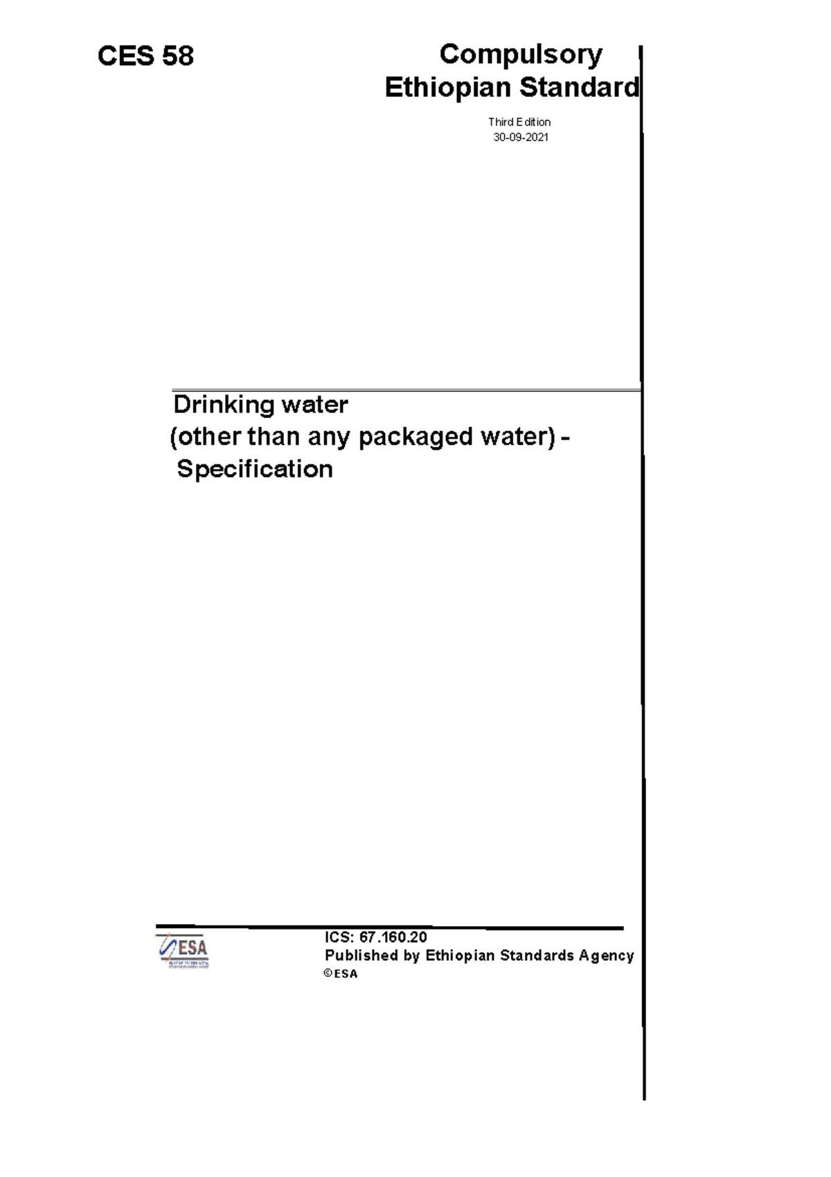 CES 58: 2021 Compulsory Ethiopian Standard for Drinking Water Quality ...